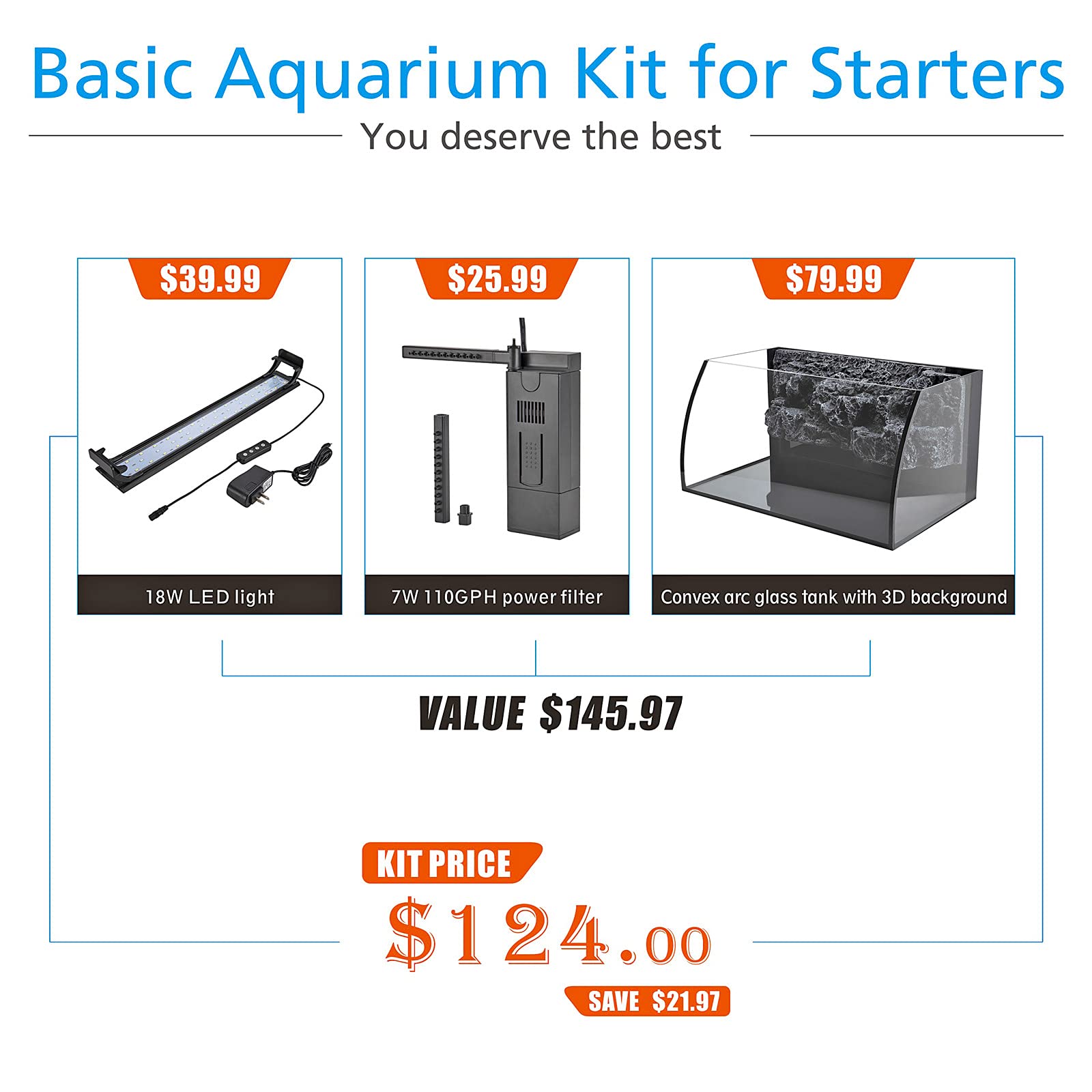 Hygger Horizon 8 Gallon LED Glass Aquarium Kit for Starters with 7W ...