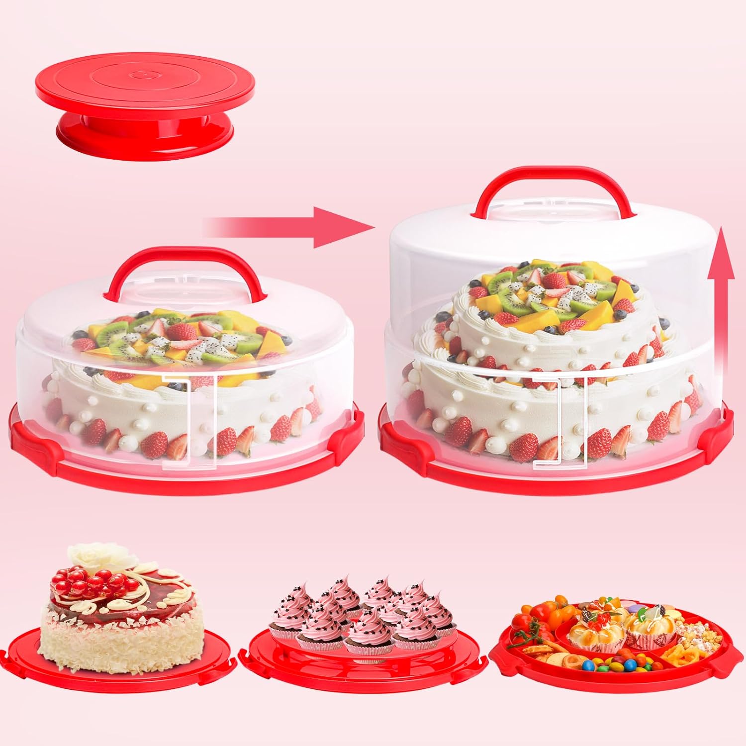 Amazon.com: Helivivfy Bundt Cake Carrier, 13.5"Red Cake Carrier with ...