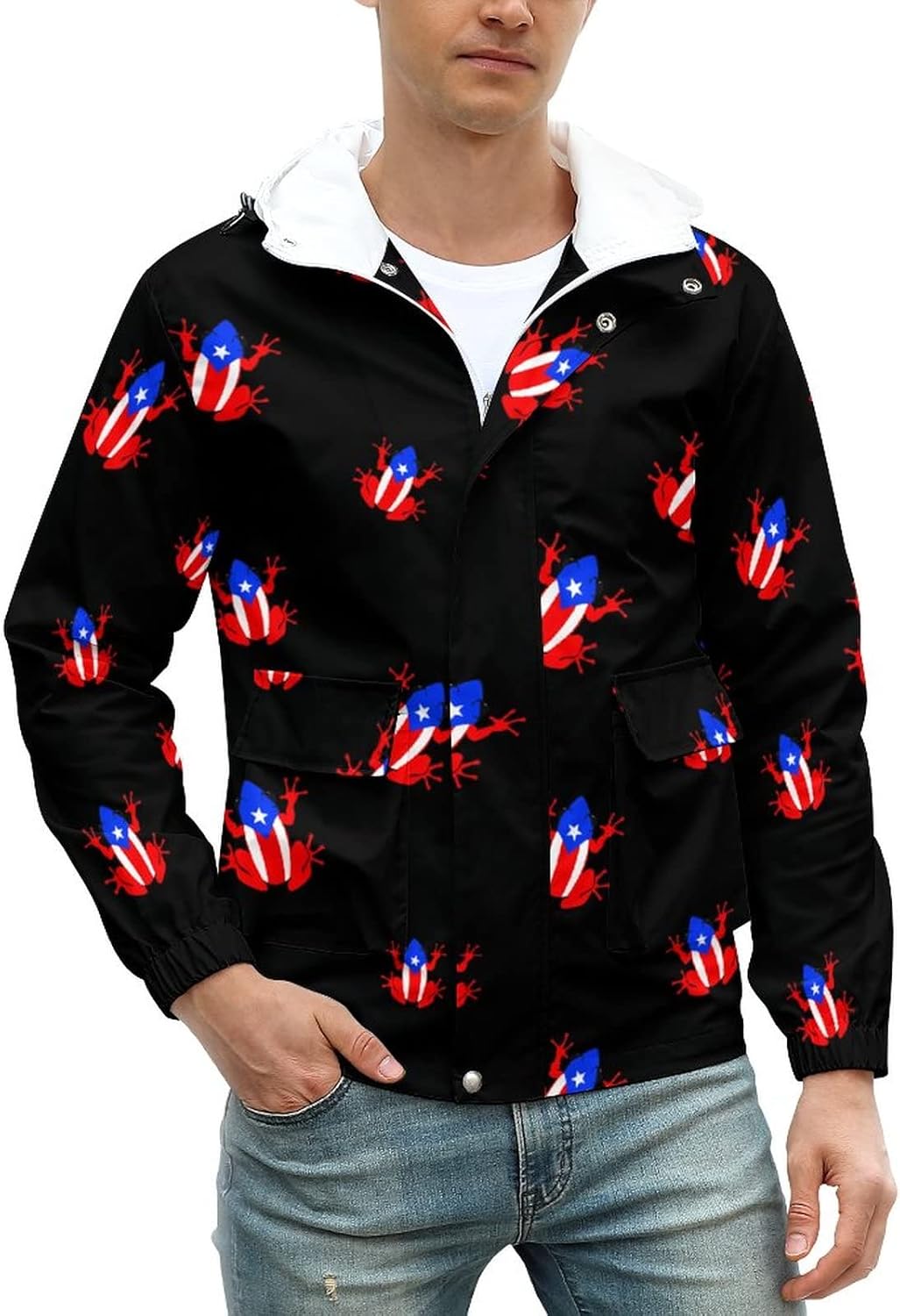 Amazon.com : Puerto Rico Flag Frog Men's Hooded Polyester Jacket ...