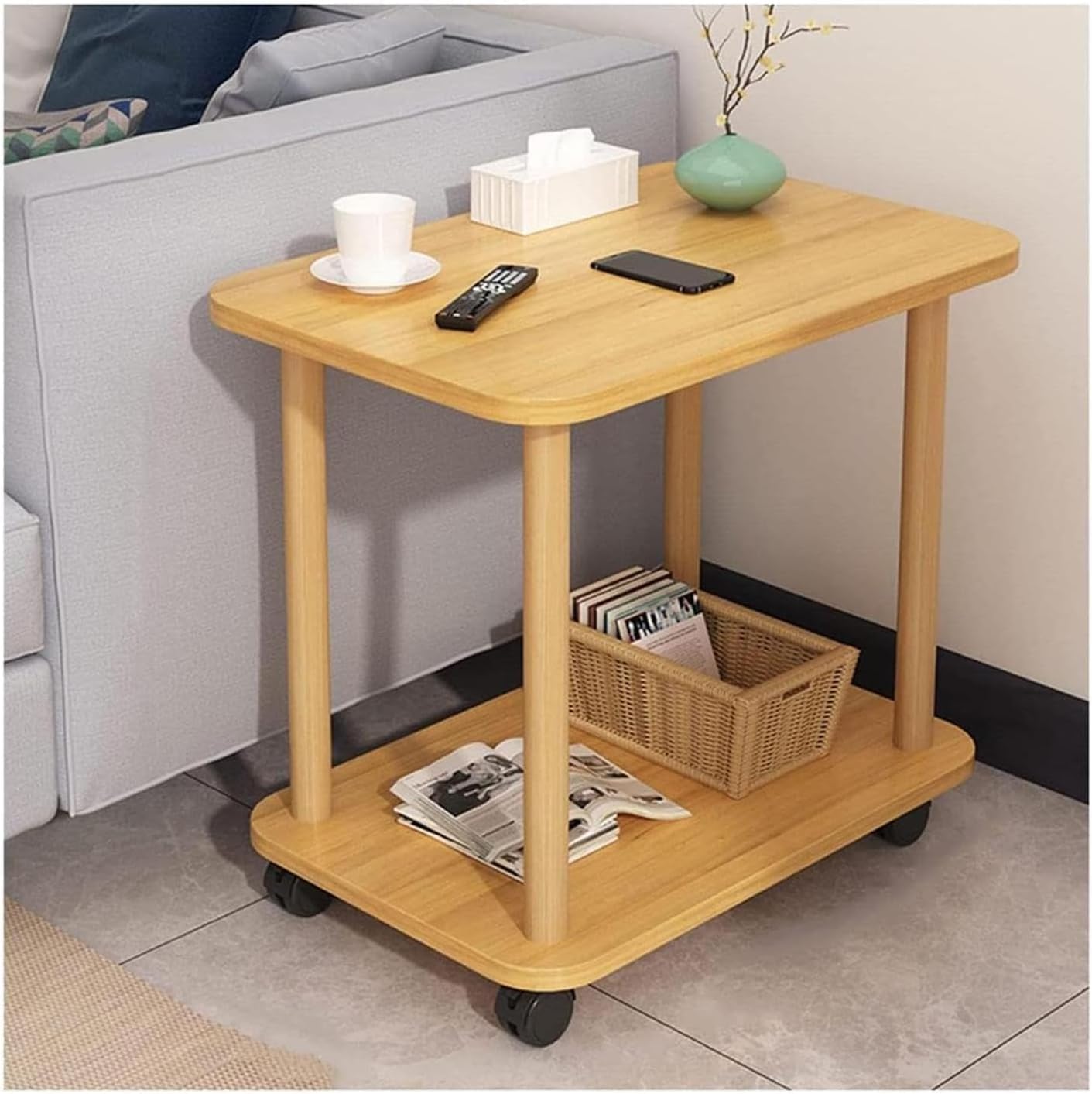 Amazon.co.jp: End Table 2 Tier Wooden Serving Cart Square Drink Cart ...