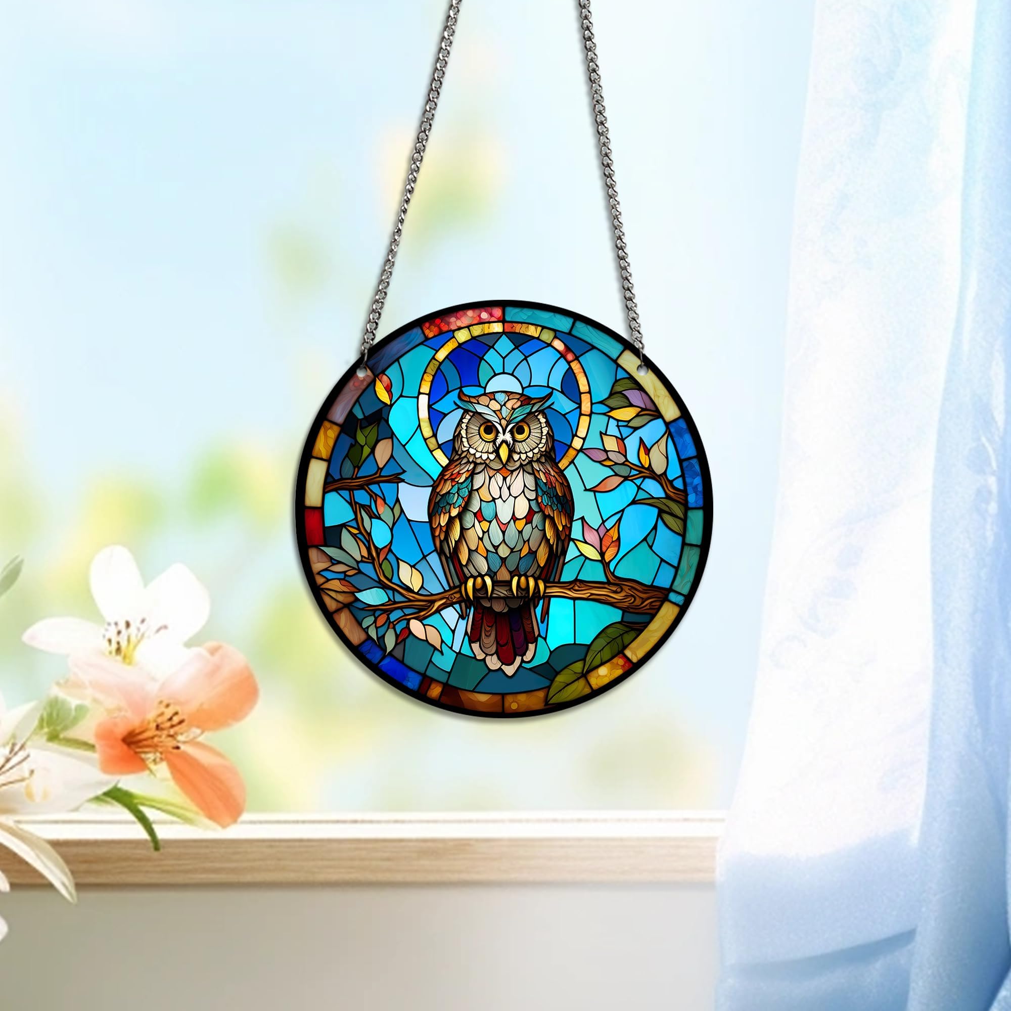 Amazon.com: FAYZSOWSR Stain Acrylic Owl Window Hanging, Double Sided ...