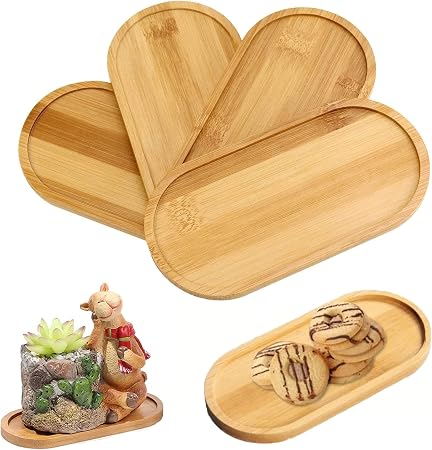 4 Stück Bambus Tablett Ovale Holztabletts, Kleines Rundes Bambustablett ...