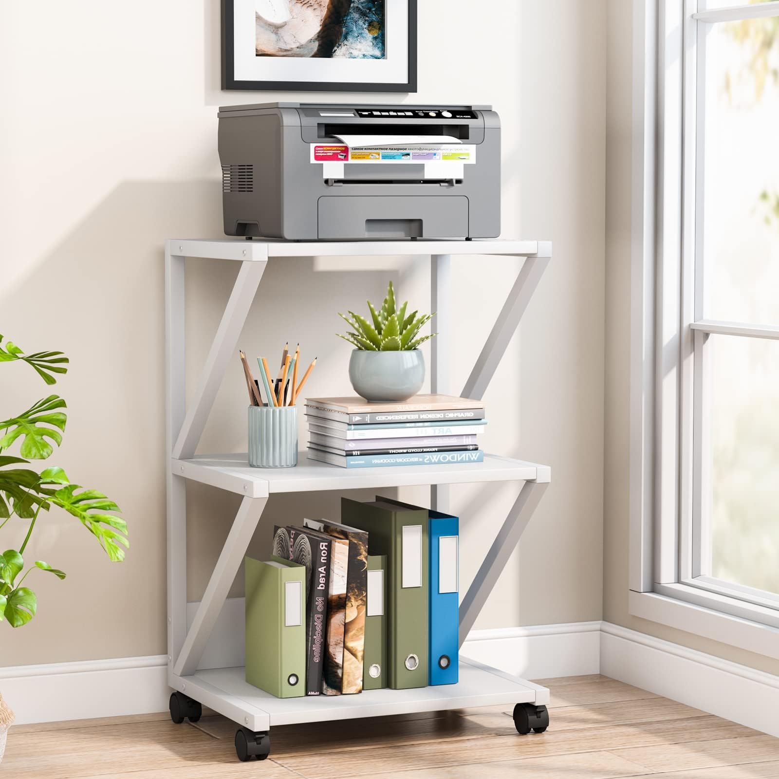 Amazon.com: VEDECASA White Mobile Printer Stand 3 Tier Wood Shelf Metal ...
