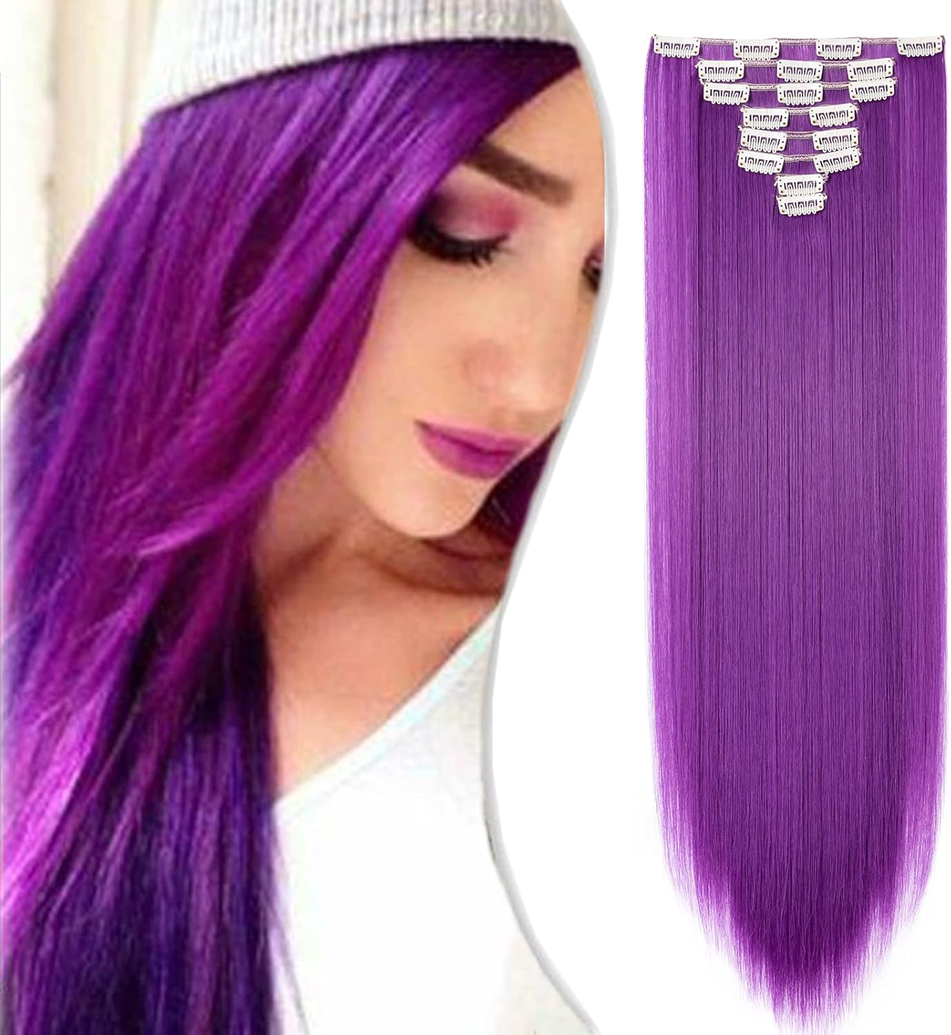 Dark Purple Hair Extensions Clip in 8 Pieces Straight Full Head Hair ...