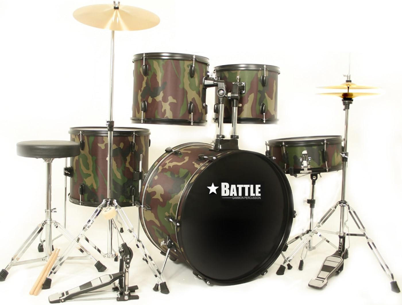 Amazon.com: Camouflage Full Size 5 Piece Drum Set with Cymbals Stands ...