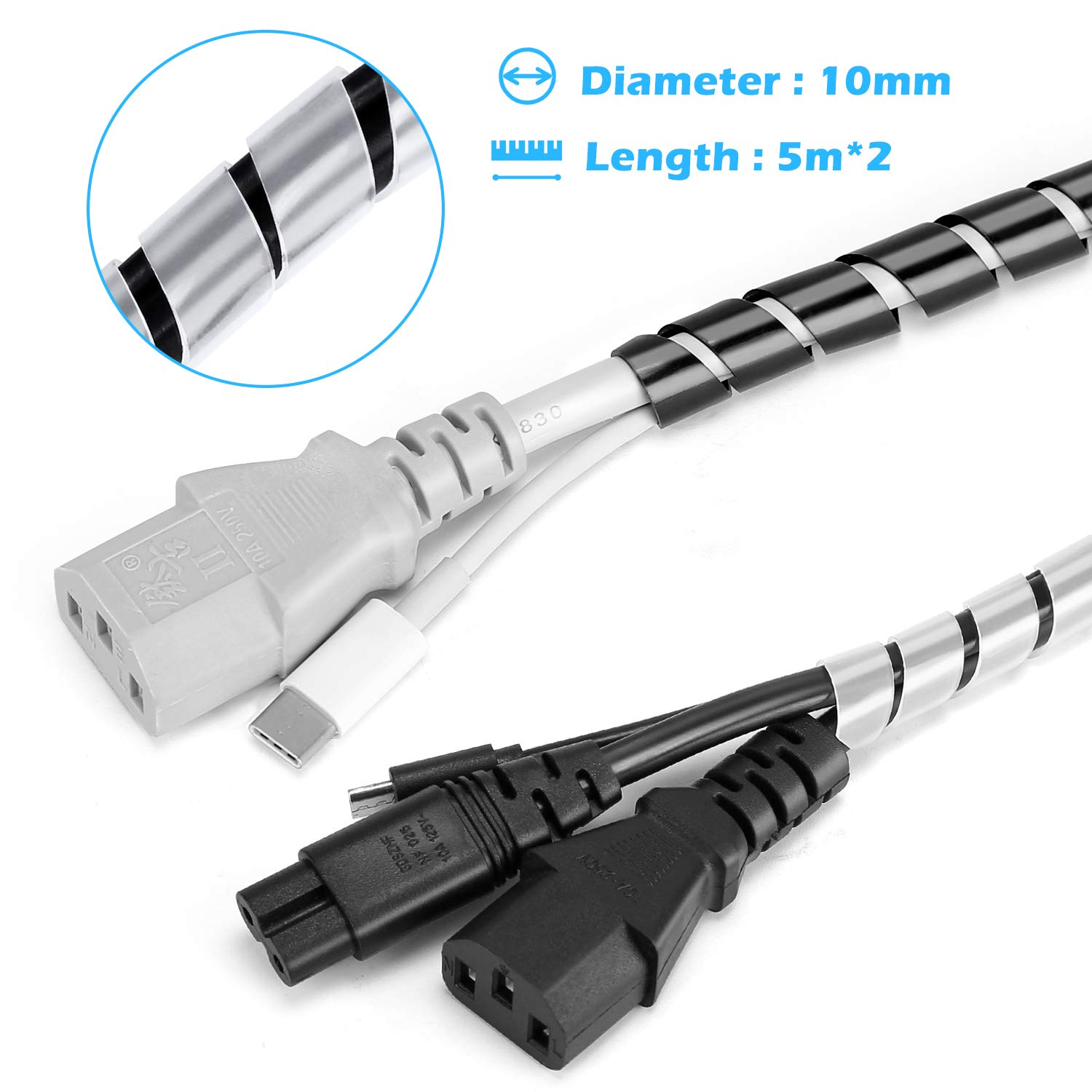 MOSOTECH Cable Management System, 2 x 17ft Cable Tidy Spiral Wrap + 1 x ...