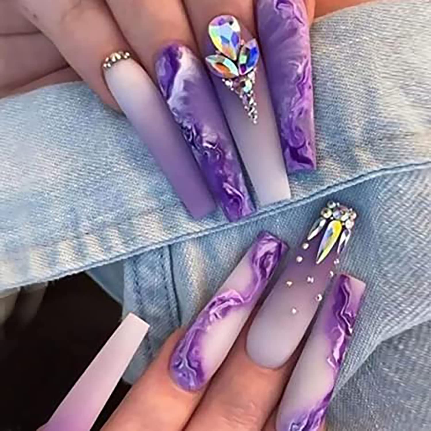 Amazon.com: 24 Pcs Press on Nails Long Violet Fake Nails Purple Press ...