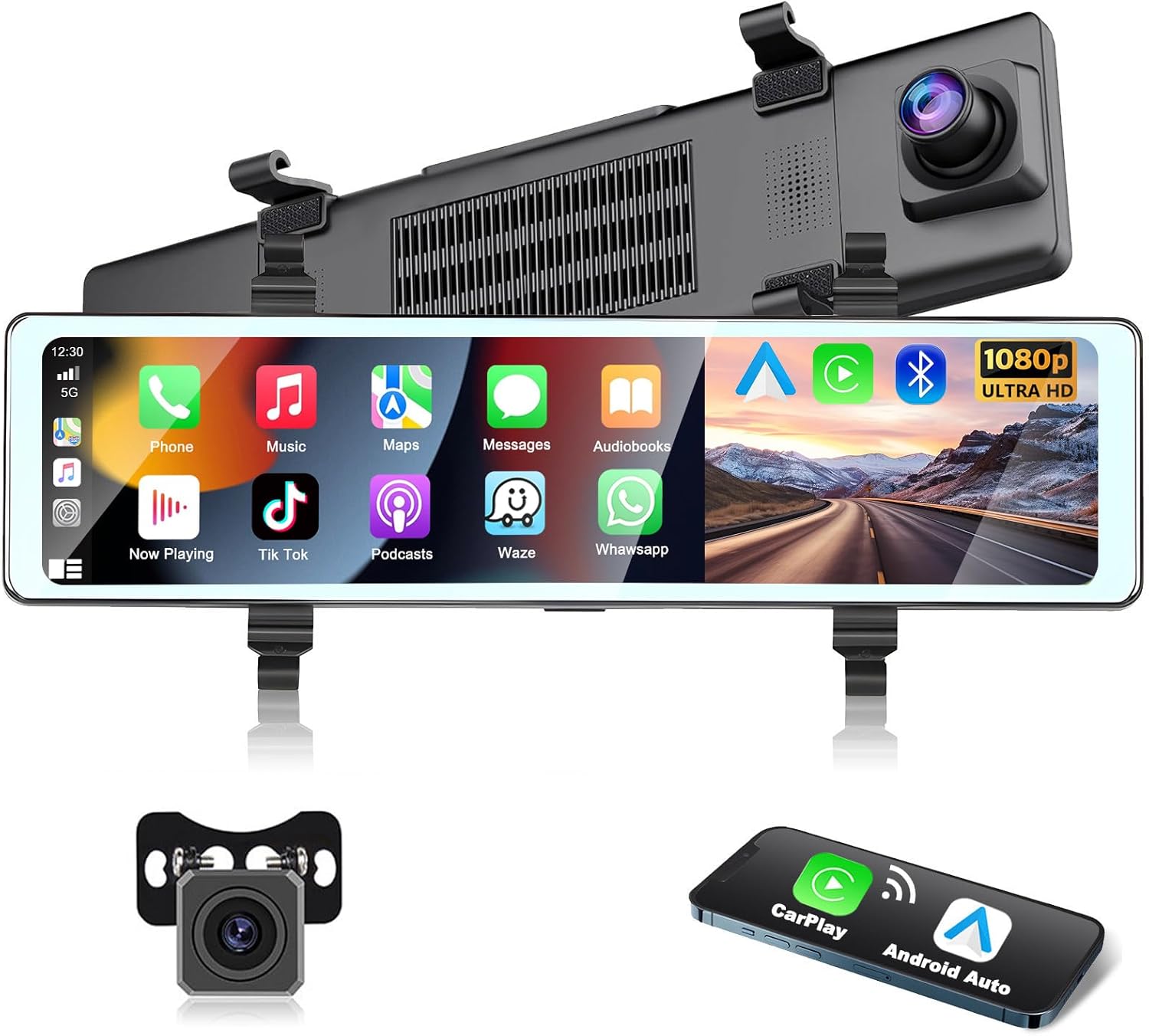 Podofo Mirror Dash Cam with Wireless Apple Carplay, Android Car with HD ...