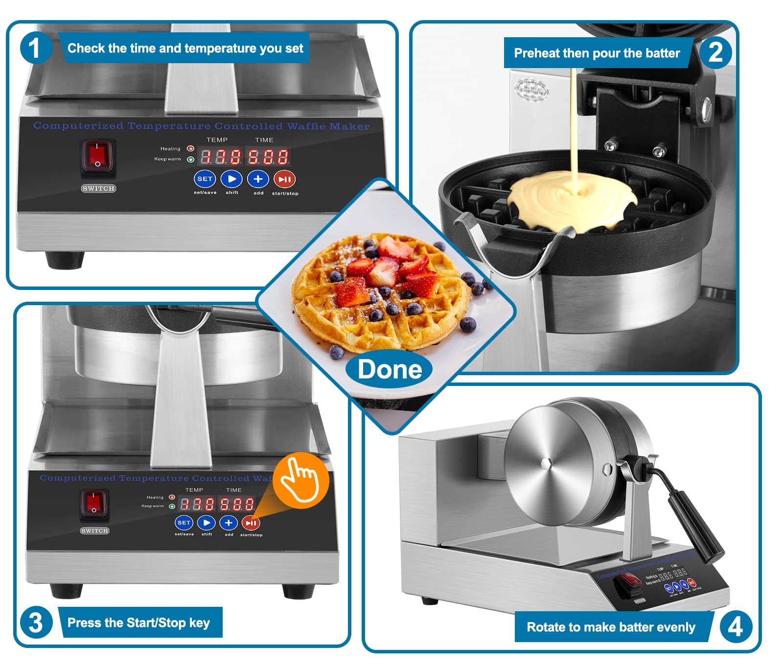 SlocciPro Waffle Maker Waffle Iron Flip Rotating Commercial Belgian ...