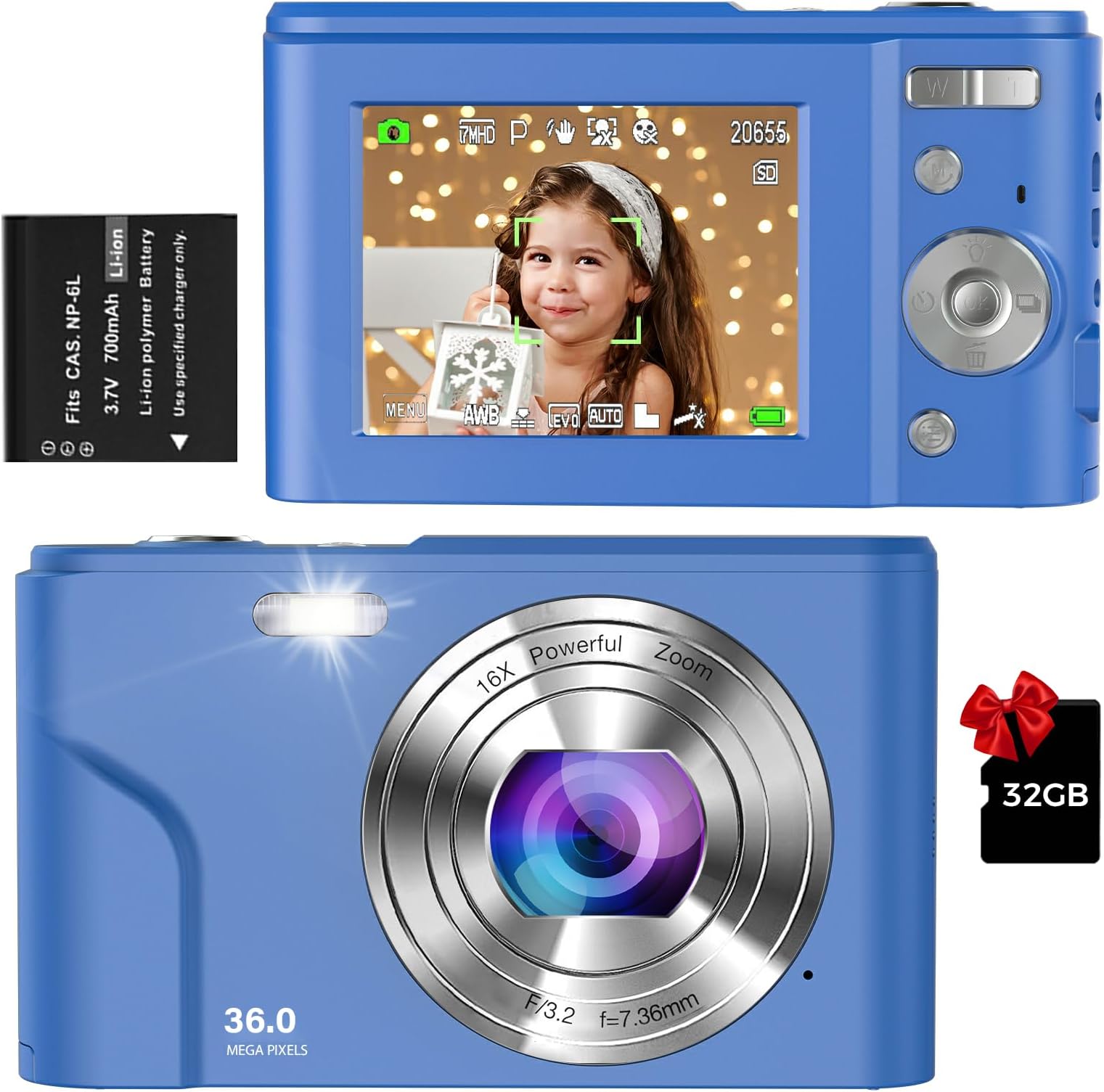 Digital Camera, 1080P Full HD Compact Camera 36MP Vlogging Camera with ...