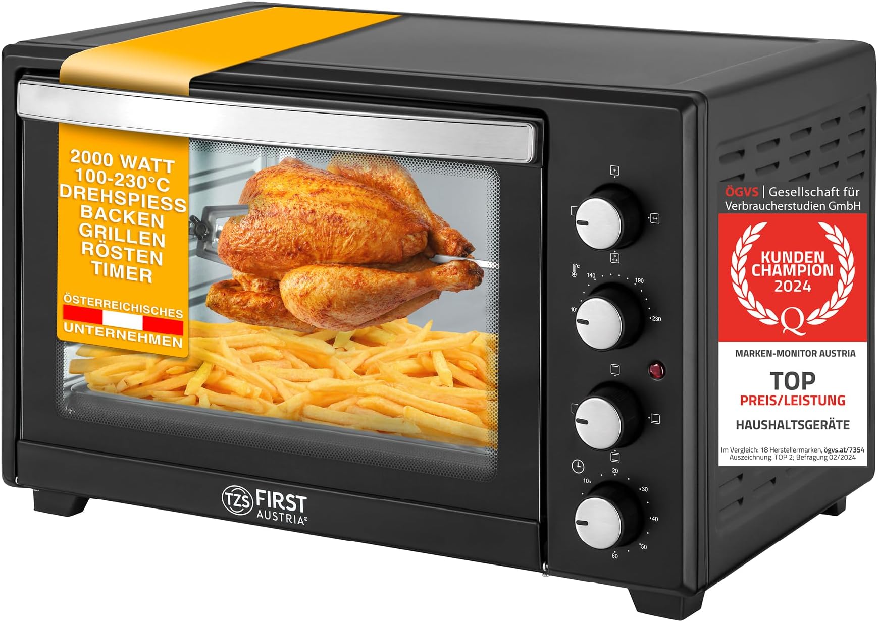 TZS Minibackofen mit Umluft 45l - Minibackofen 2000 Watt zum Kochen ...