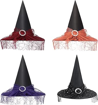 Amazon.com: Ylucky 4PCS Black Witch Hats with Lace Veil Women Halloween ...