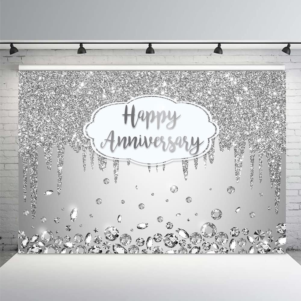 Amazon.com : AIBIIN 10x7ft Happy Anniversary Backdrop Silver Dripping ...