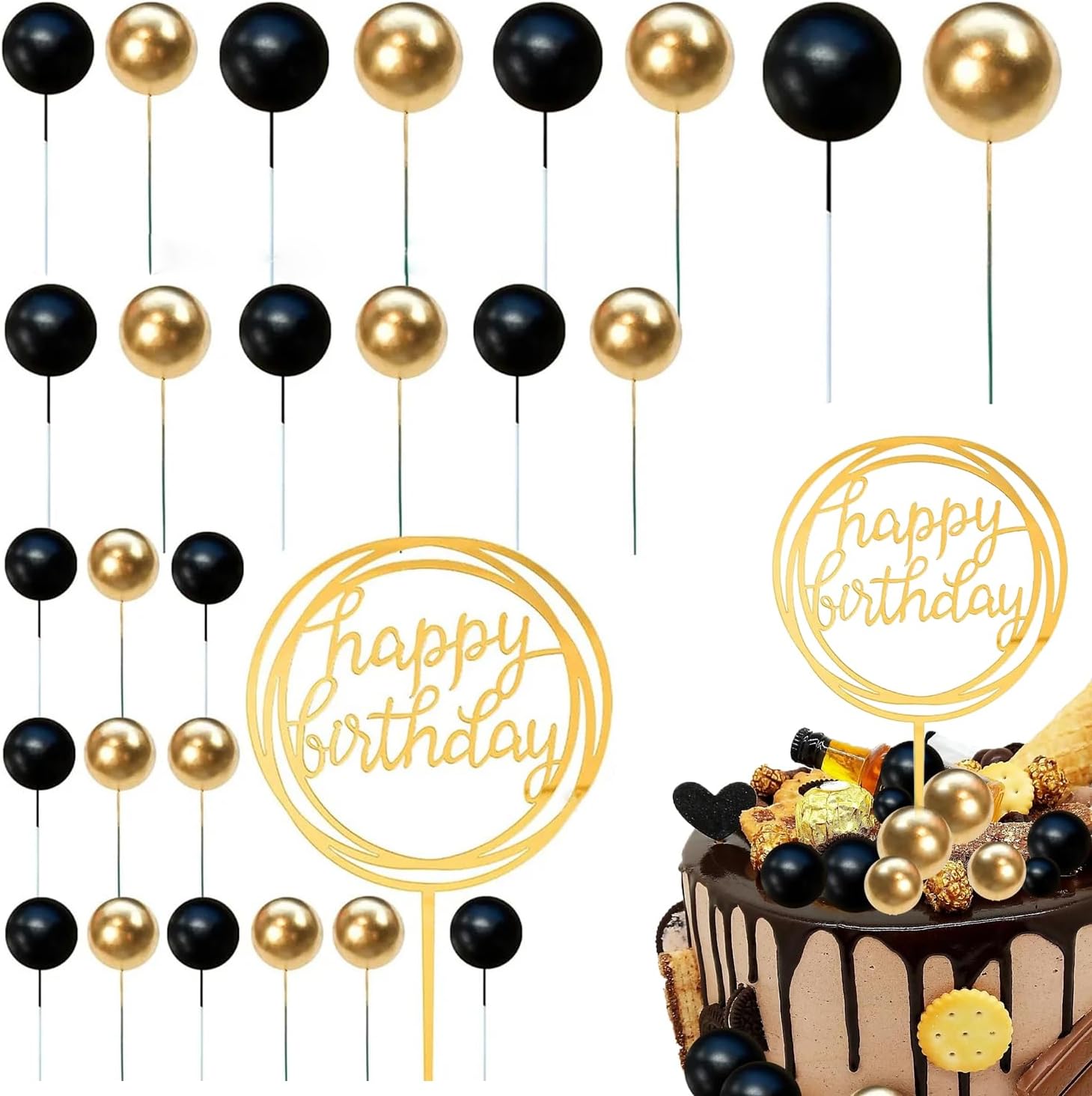 27 PCS Black and Gold Cake Toppers, Foam Balls and Add-In Cake ...