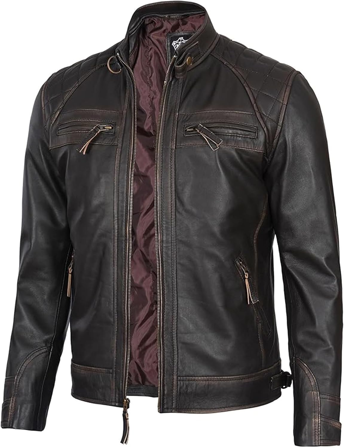 Decrum Leather Jacket Men - Cafe Racer Style Real Lambskin Leather ...