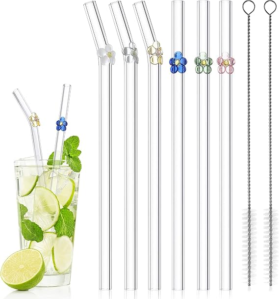 Prasacco 6 Stück Glasstrohhalme, Wiederverwendbare Glas Strohhalme mit ...