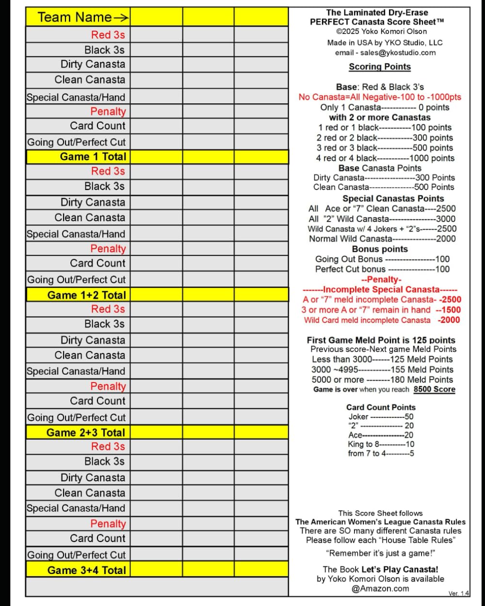 Perfect Canasta Score Sheet 15 pages: OLSON, YOKO, OLSON, JON ...