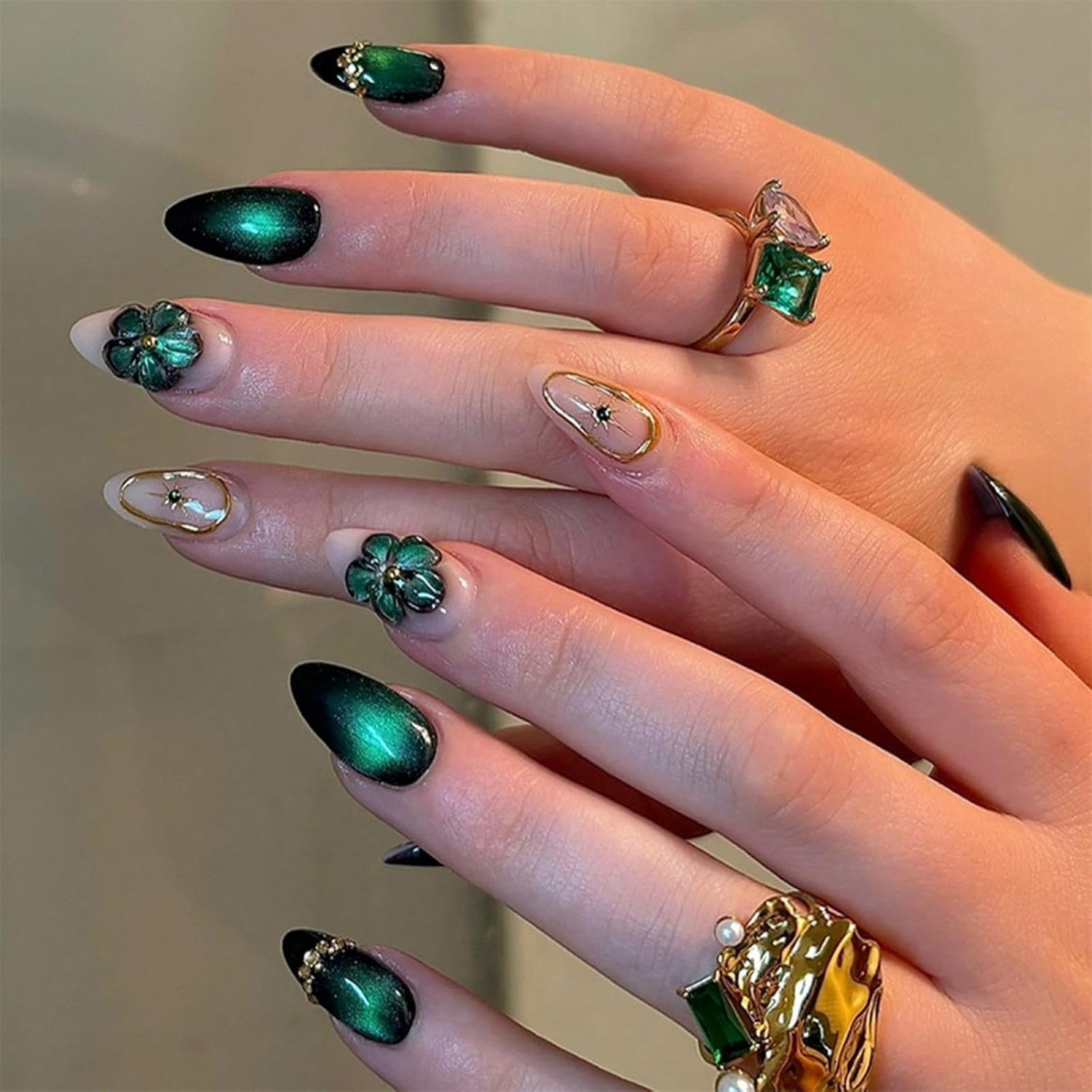 Amazon.com: Green Press on Nails Medium Almond Fake Nails Glitter False ...