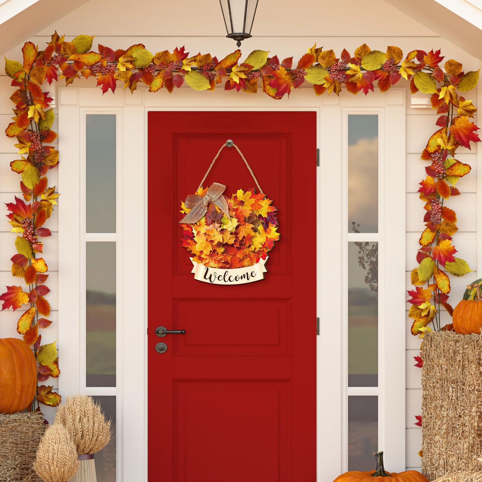 Snapklik.com : Fall Welcome Door Sign Maple Leaves Hanging Decor Thanksgiving Wooden Sign Autumn ...