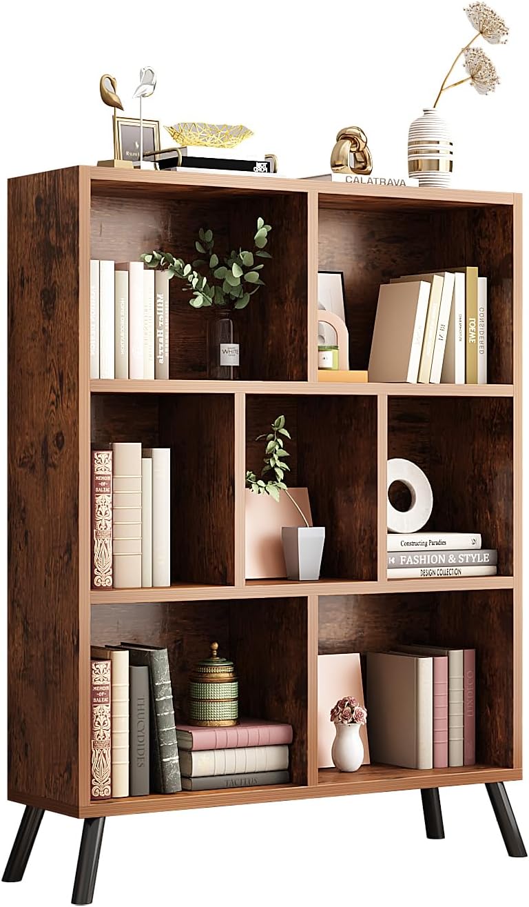 Amazon.com: 7 Cube Bookshelf,3 Tier Modern Bookcase with Legs,Mid ...