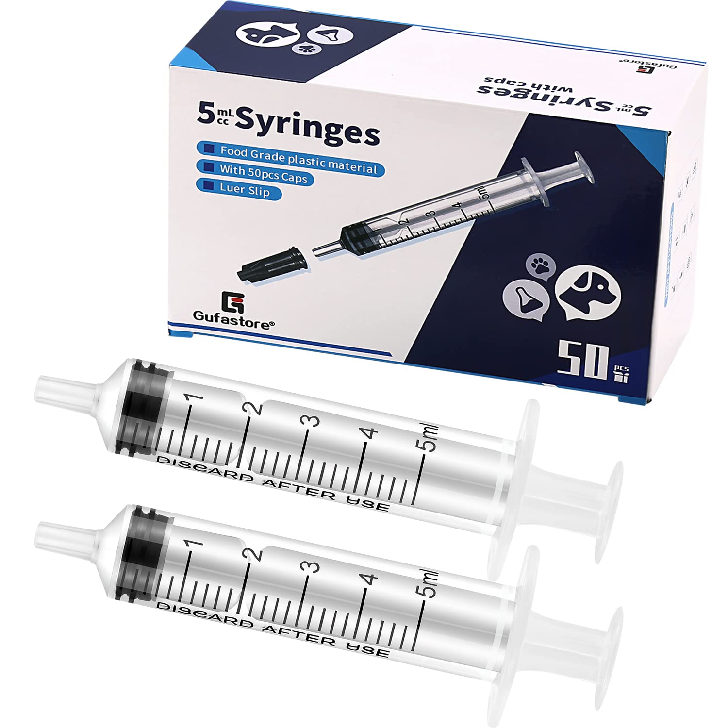 Amazon.com: 50 Pack 5ml Plastic Syringes with Caps for Science Labs ...