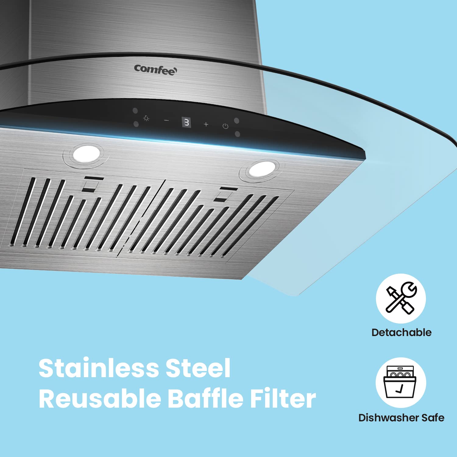 Comfee Curved Glass Range Hood 30 Inch 450 CFM 3 Speed Gesture Sensing ...