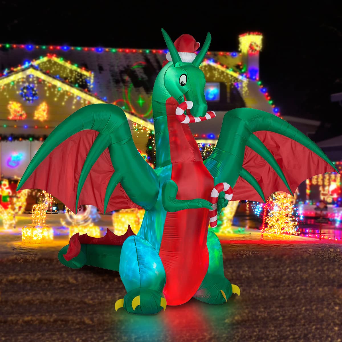 BLOWOUT FUN 8ft Inflatable Christmas Dragon with Candy Disco LED ...