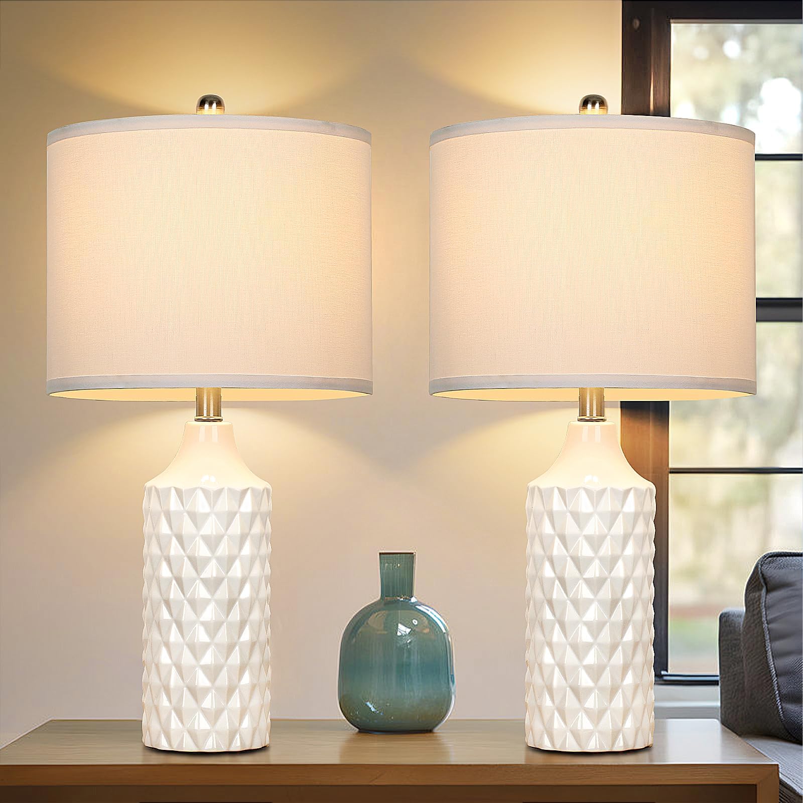 Ceramic Table Lamps Set of 2, White Modern Bedside 25" Nightstand Lamp ...