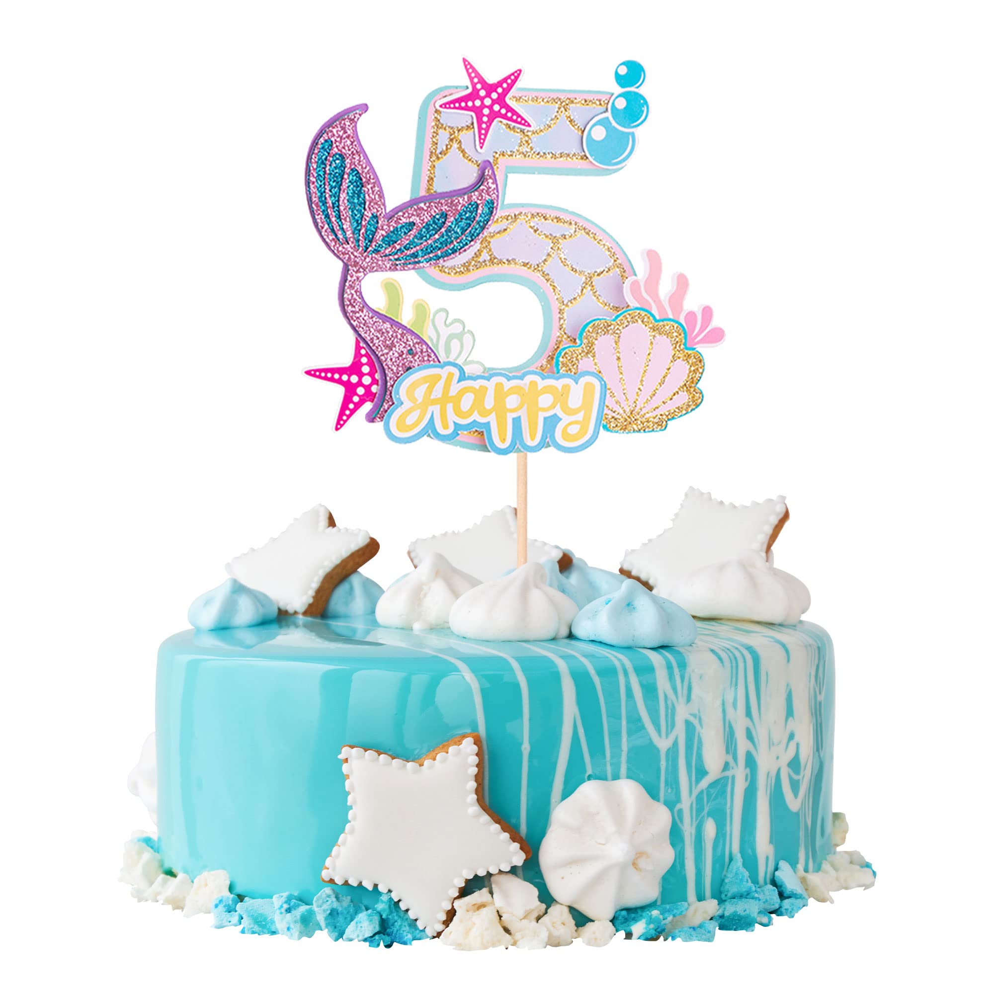 Amazon.com: Gyufise 1Pc Mermaid Five Cake Topper Happy 5th Birthday Cake Decorations for Boys ...