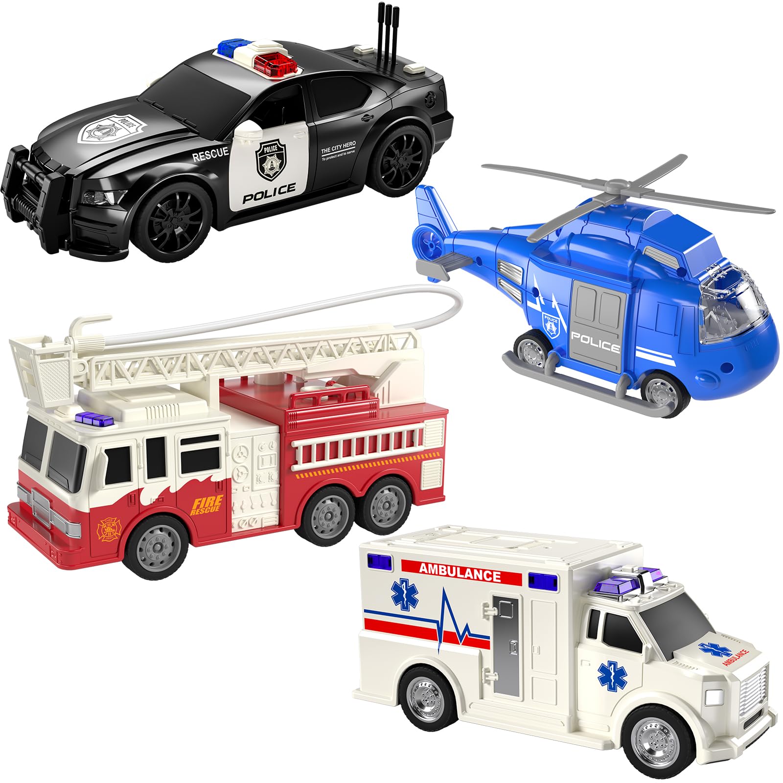 Amazon.com: TEMI 4 Pack Emergency Vehicles for Kids, Helicopter, Police ...