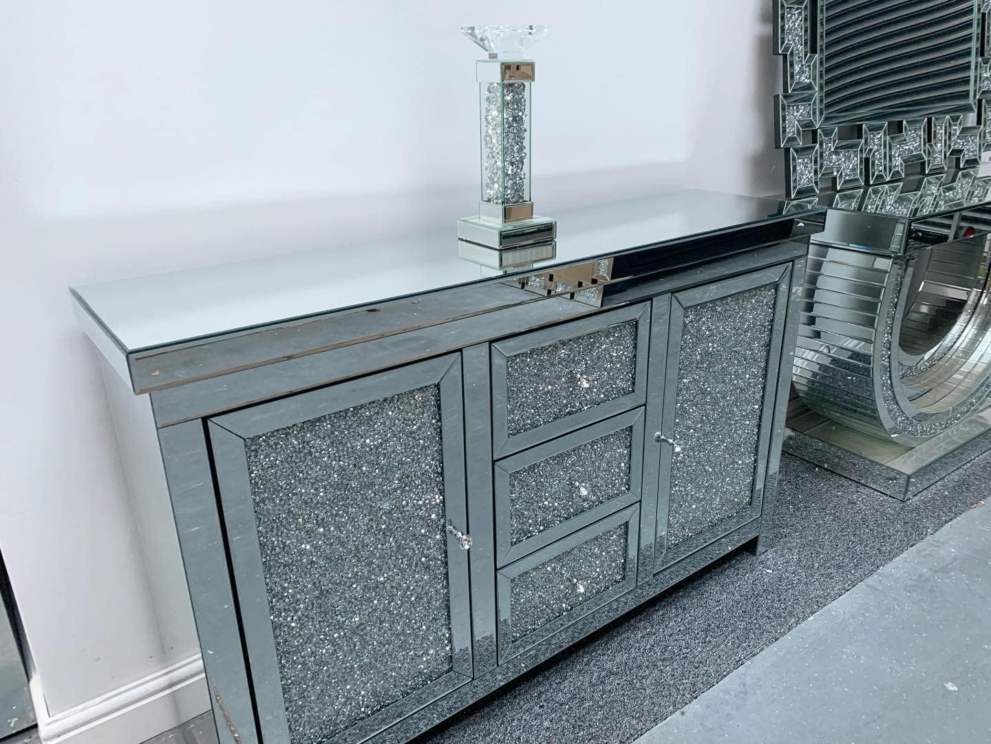 Crushed Diamond Large Sideboard (Plain Mirrored Top) : Amazon.co.uk ...