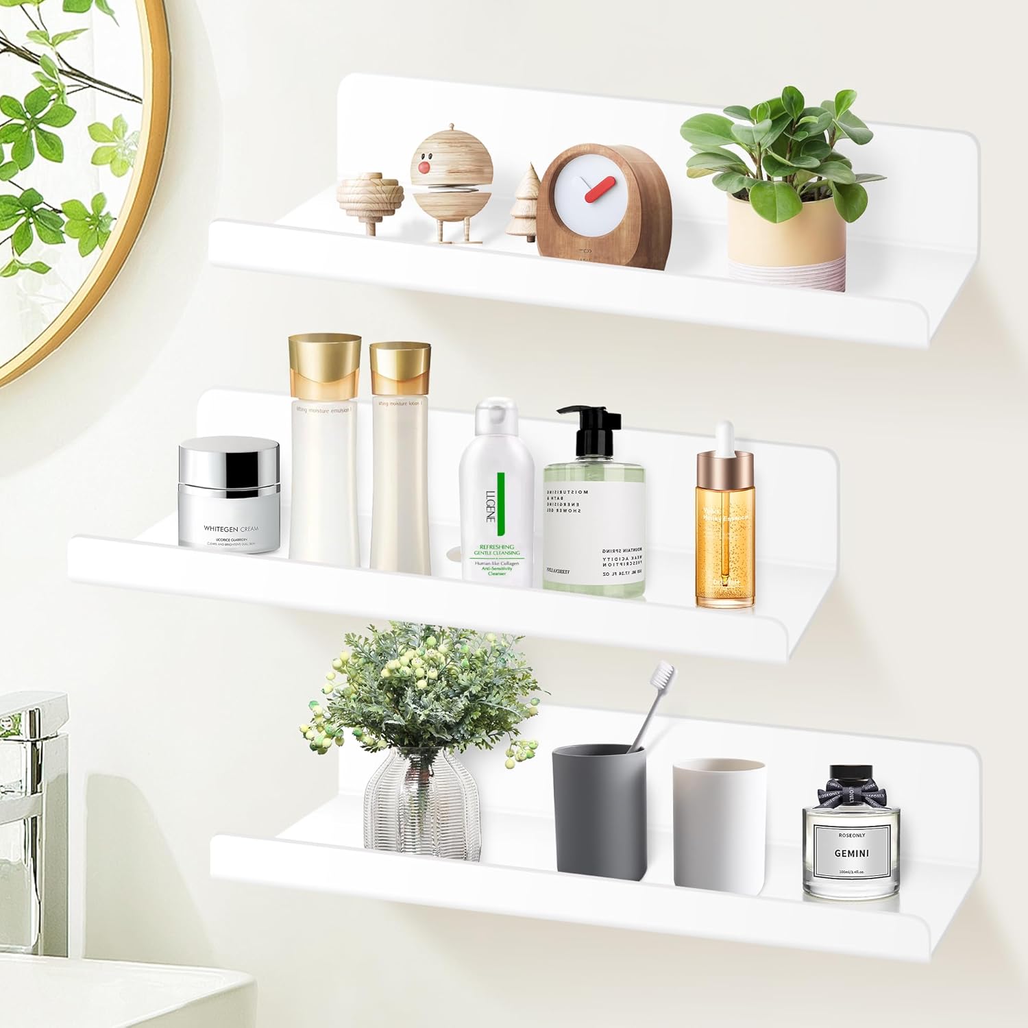 SHEPIN Set of 3 Wall Shelves, No Drilling, White Floating Shelf, 30 cm ...