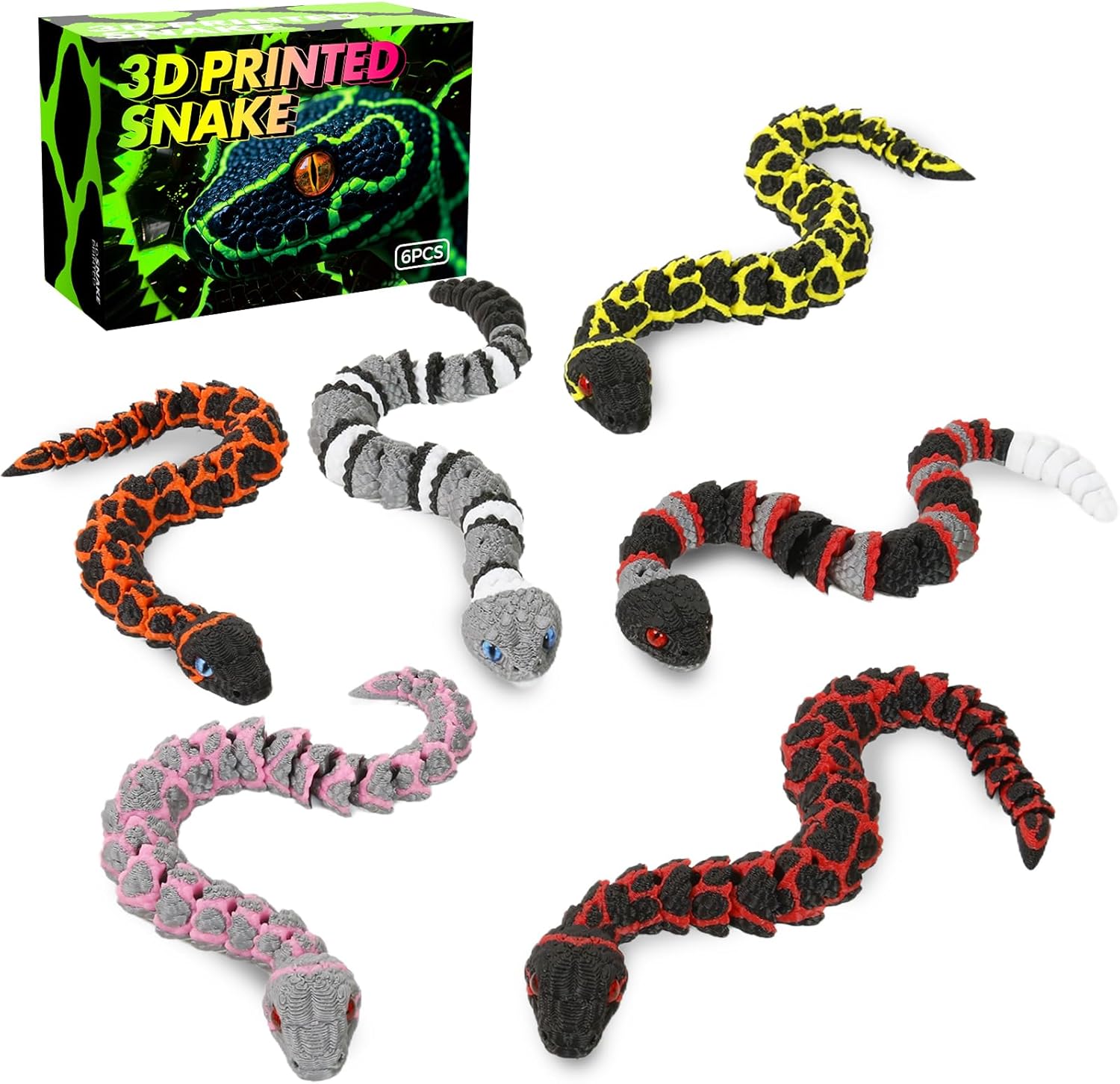 Amazon.com: 6 Pack 3D Printed Snake Toys , Articulated Multicolor ...