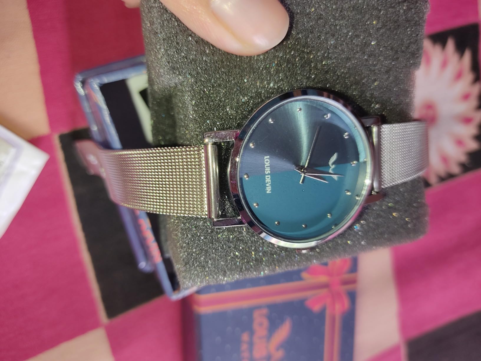 LOUIS DEVIN LD-L144-BLU-CH Mesh Blue Dial Silver Band Stainless Steel ...