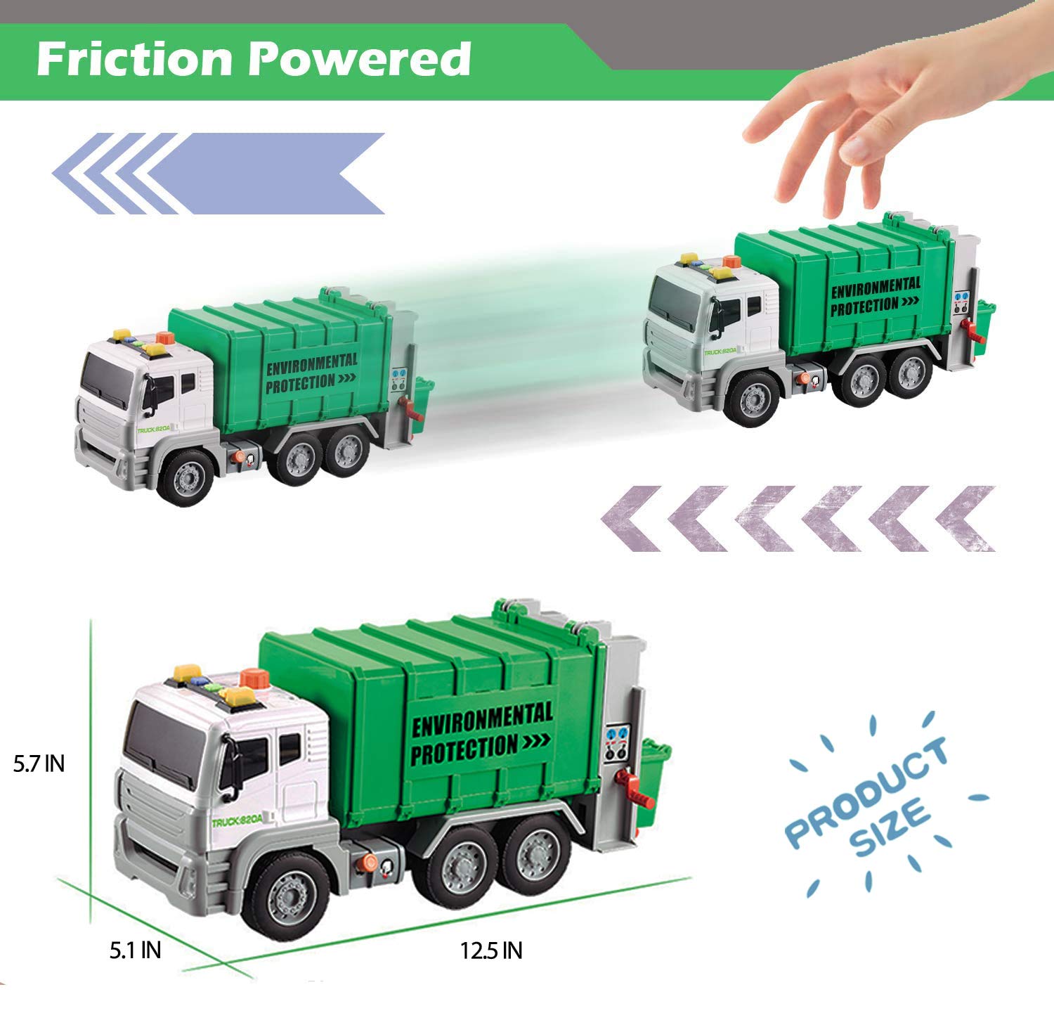 12.5" Friction Powered Garbage Truck with 4 Rear Loader Trash Sorting ...