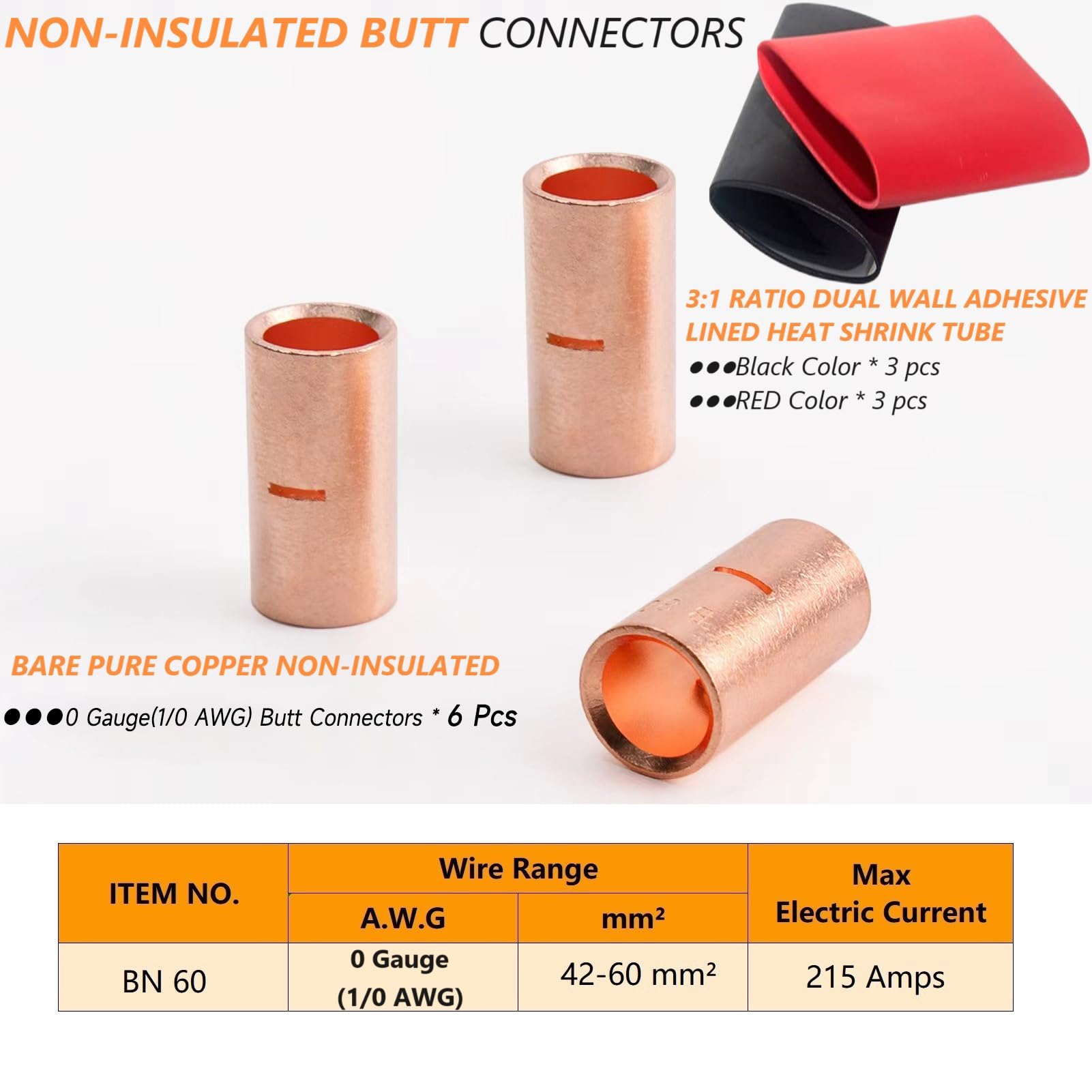Snapklik.com : SVAAR 0 Gauge Butt Connector 6 PCS 0 AWG Non-Insulated ...