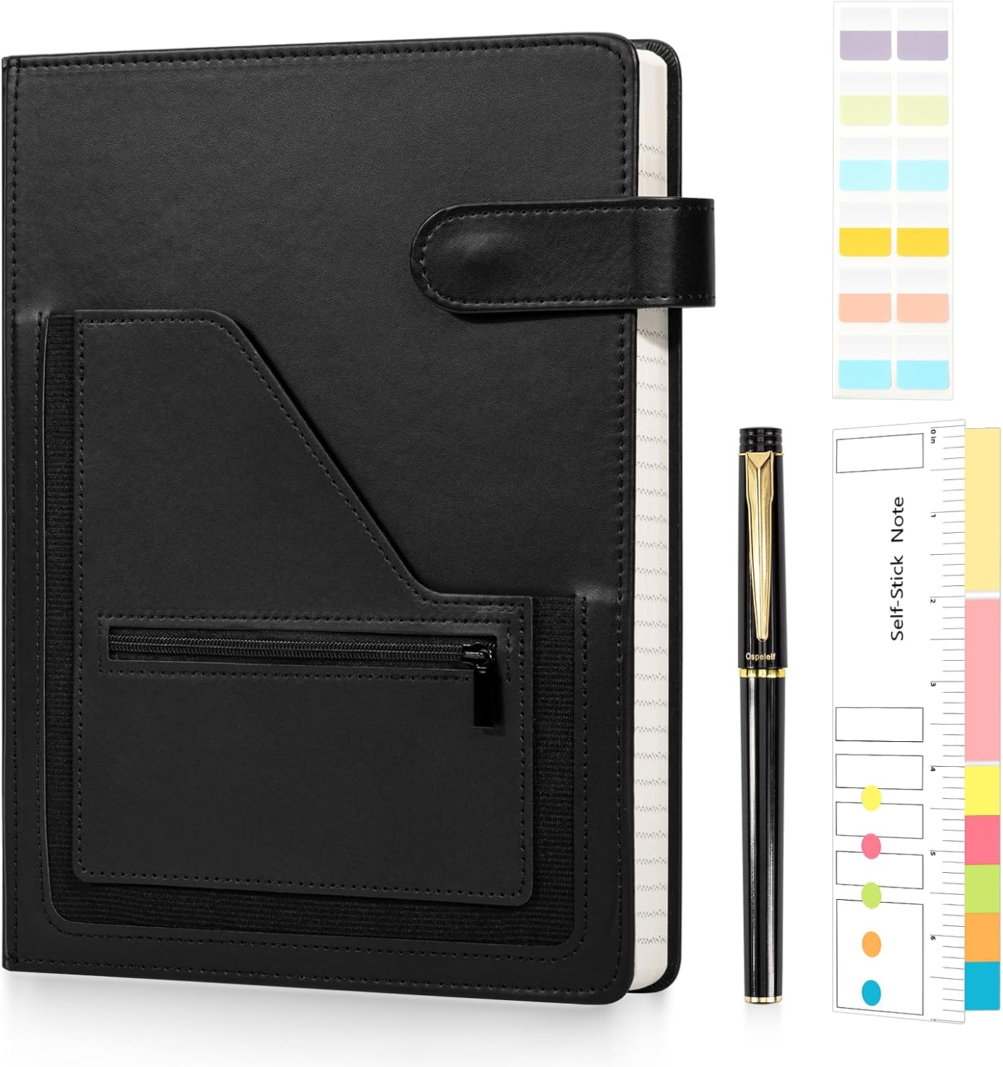 Amazon.com : Black A5 Lined Leather Notebook with Zipper Pockets and ...