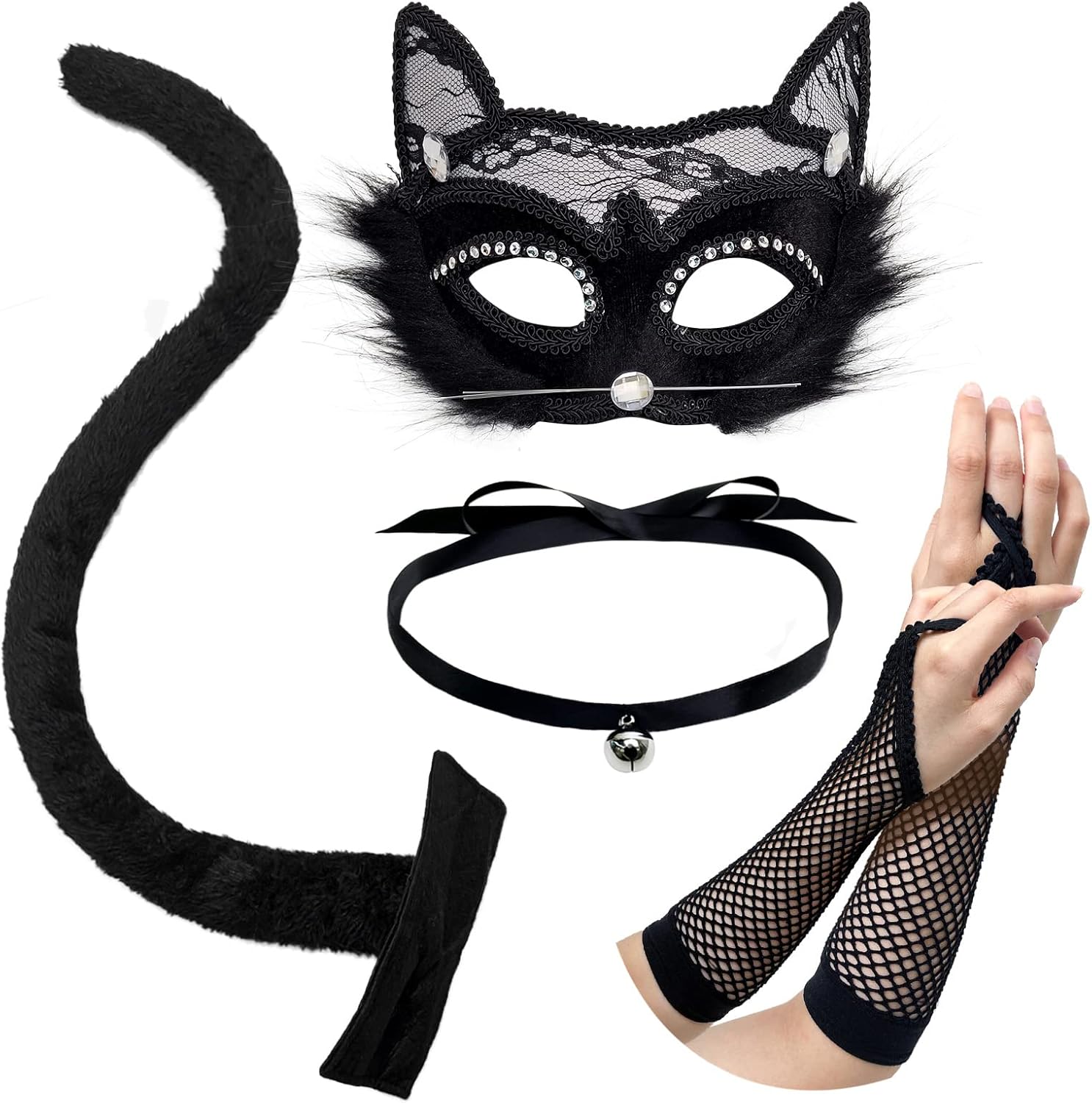Amazon.com: HyperFun Women Cat Masquerade Mask and Tail Bow Bell Collar ...