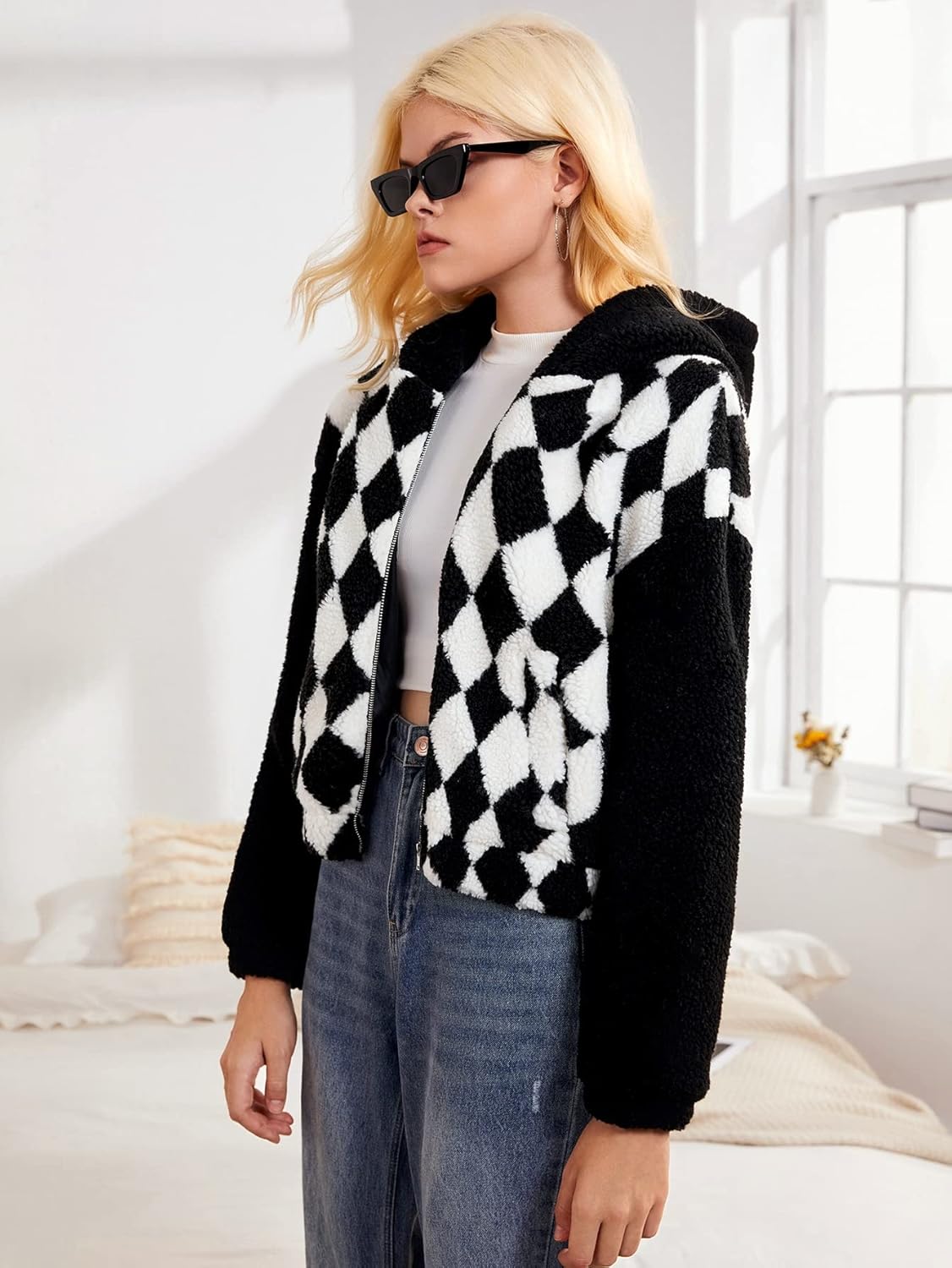 Amazon.com: Women's Jackets Argyle Pattern Drop Shoulder Hooded Teddy ...