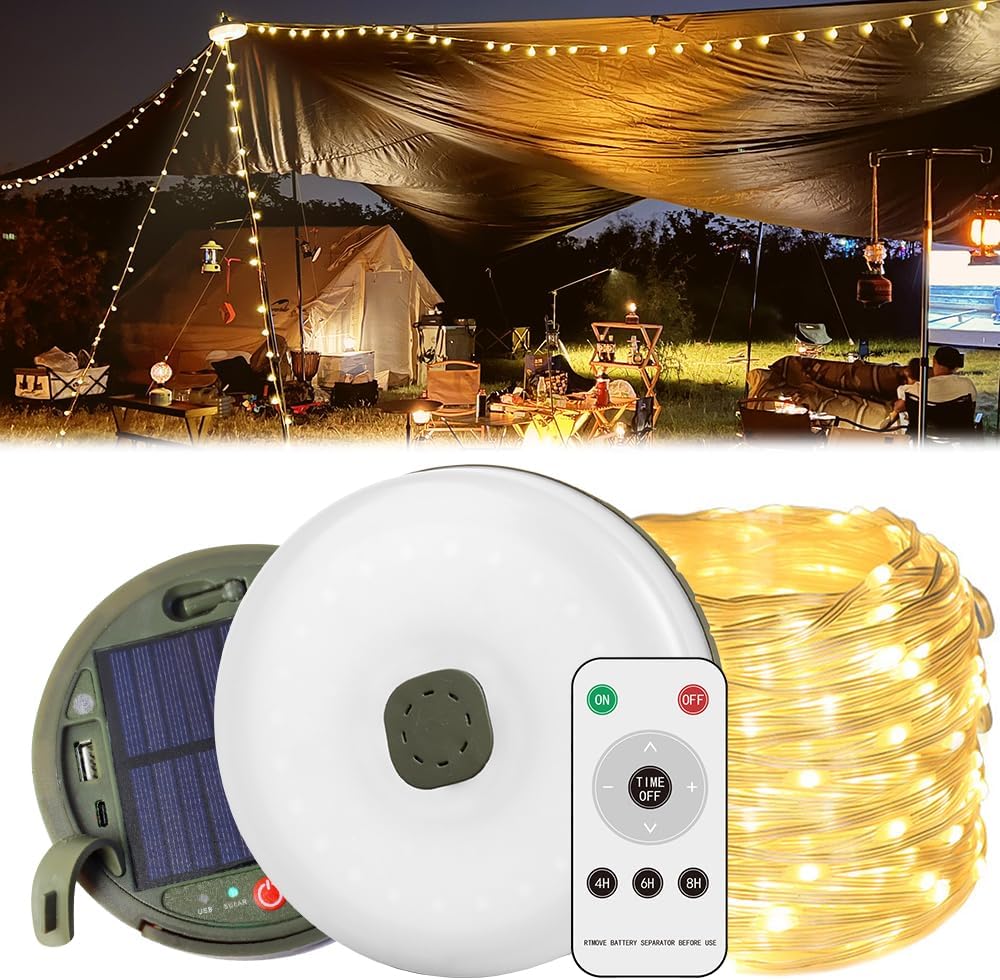 DAJILI Solar Portable Stowable String Light 8 in 1, 10M 100 LED Camping ...