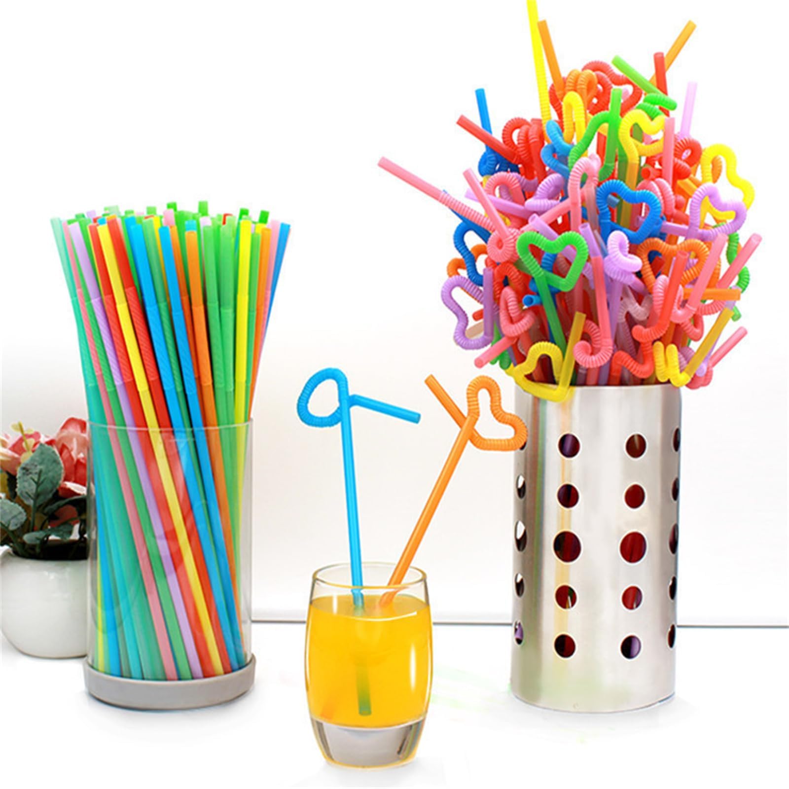 Amazon.com: 100Pcs Flexible Plastic Straws, Colorful Disposable Bendy ...