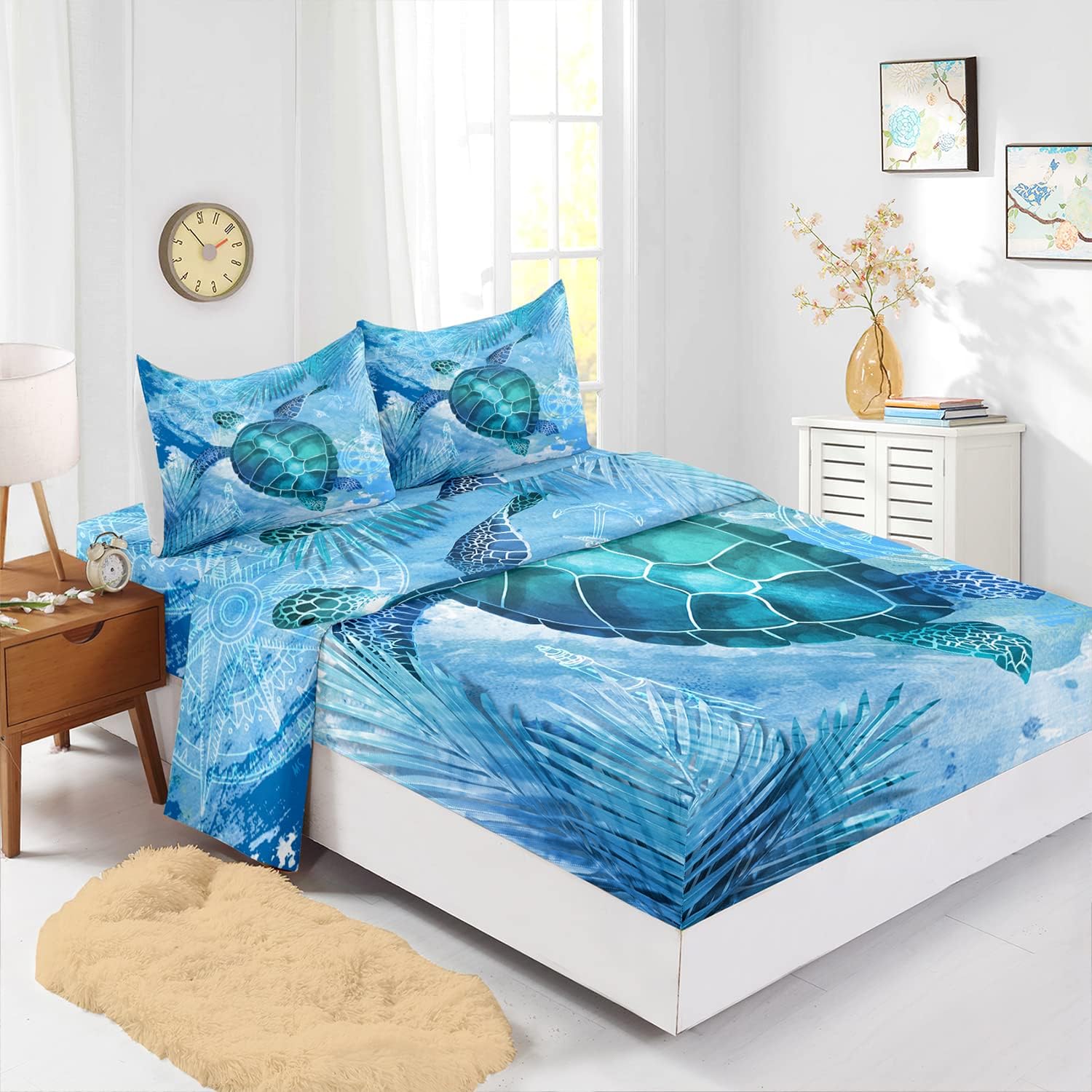 Amazon.com: CVHOUSE Sea Turtle Fitted Sheet,Ocean Bed Sheet Set Twin ...