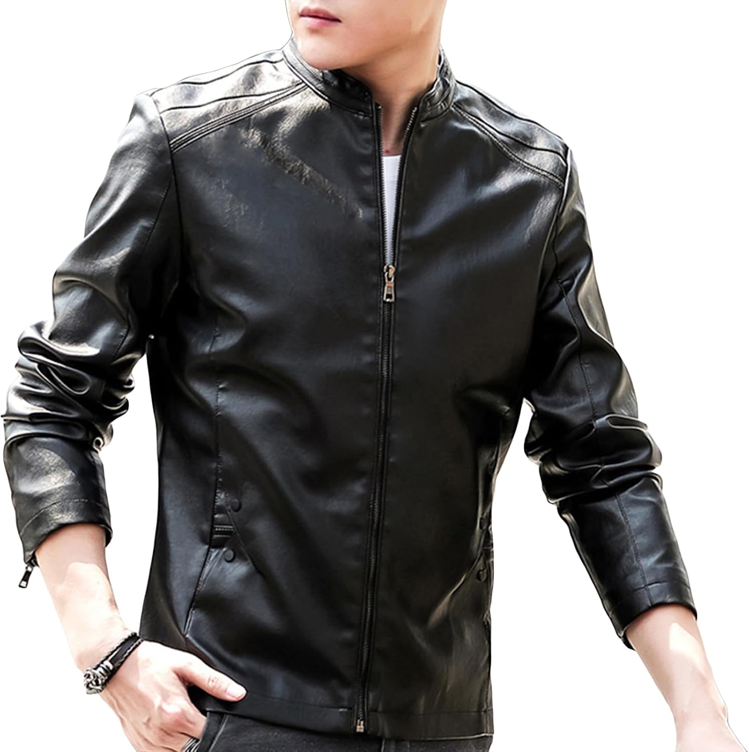 SWJGLITTR Men's Zip Up Leather Jacket Male Motorcycle Bomber PU Leather ...