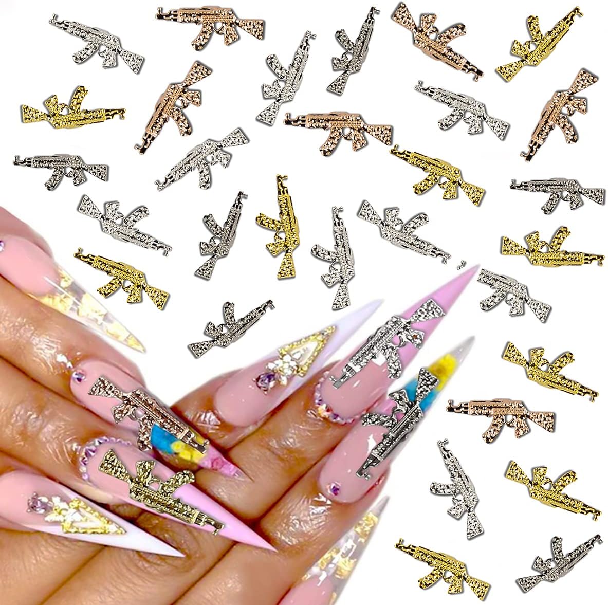 Amazon.com: Cagzzee 50PCS Metal 3D Gun Nail Charms, Mixed-Colours ...
