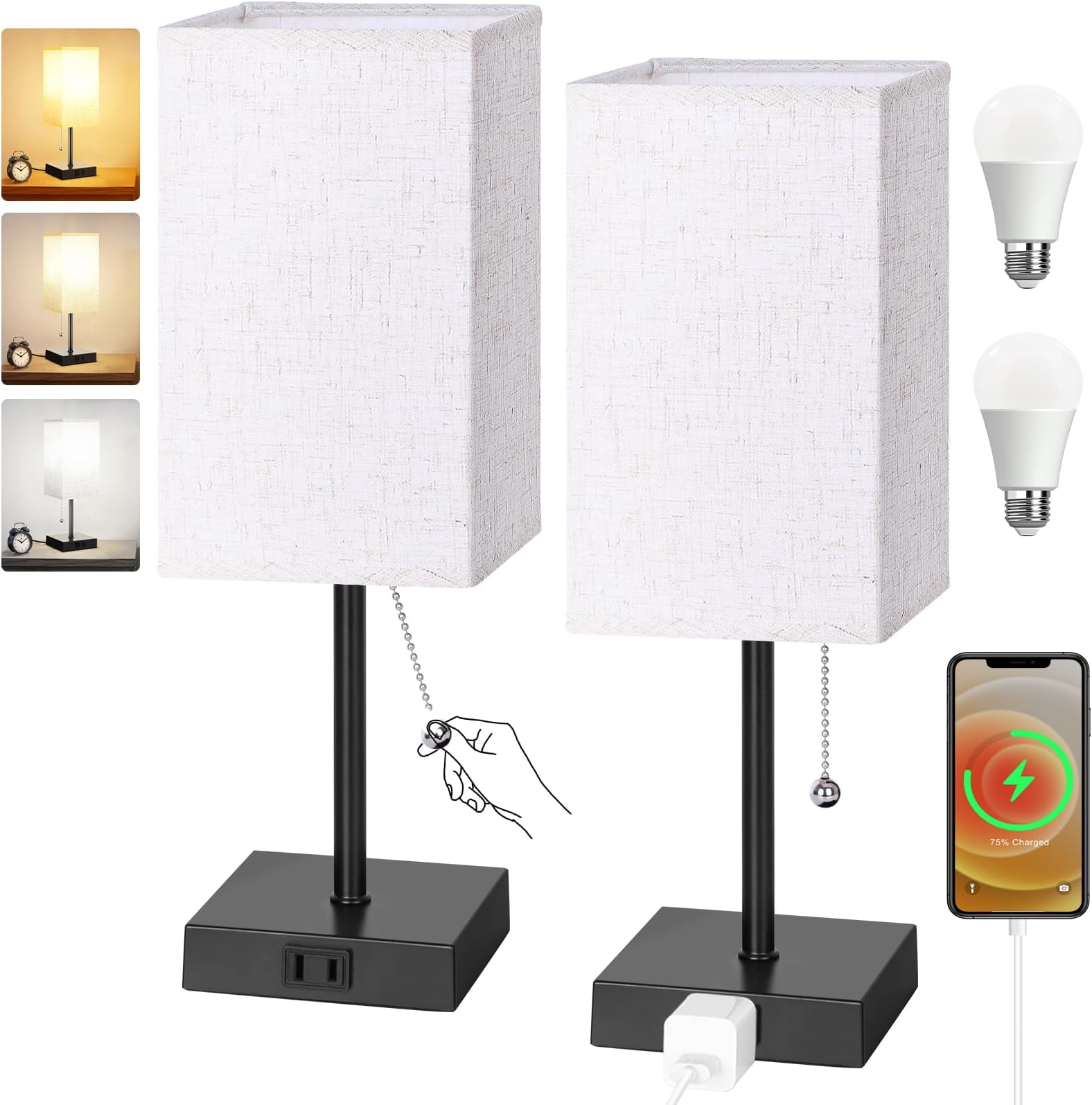 Dott Arts Table Lamp for Bedroom Set of 2, USB Bedside Lamp with AC ...