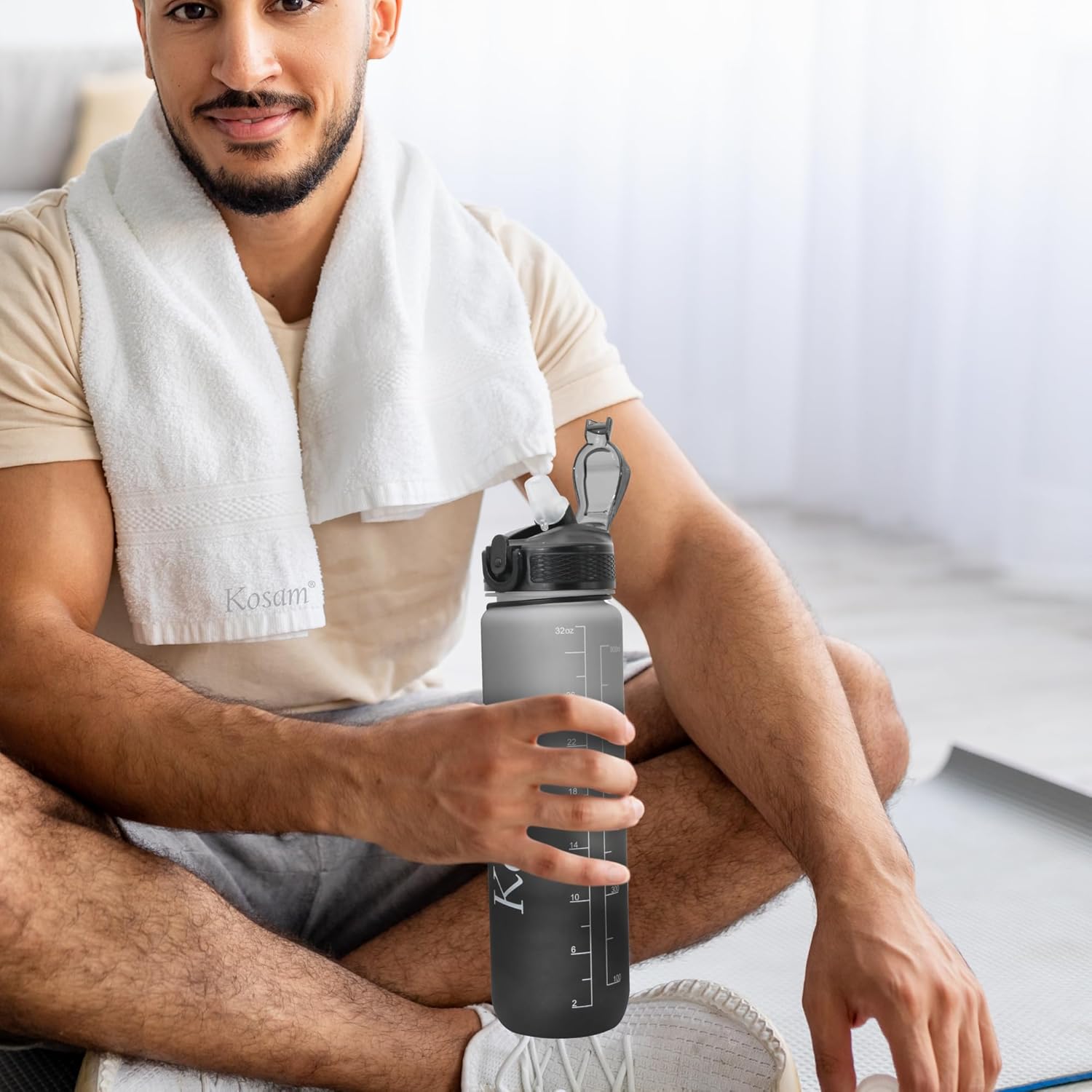 Botella de agua deportiva de 1 litro con marcador de tiempo motivacional y pajilla, apta para ...