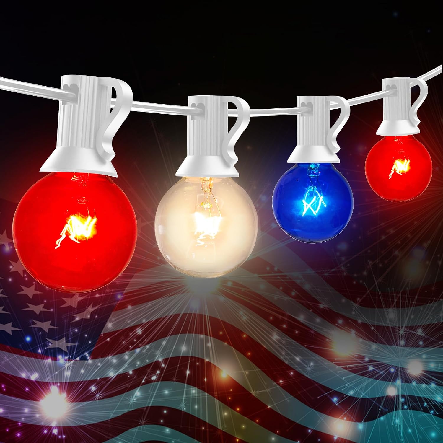 Cbebew 25FT G40 Red White and Blue Lights, 4th of July Outdoor String ...