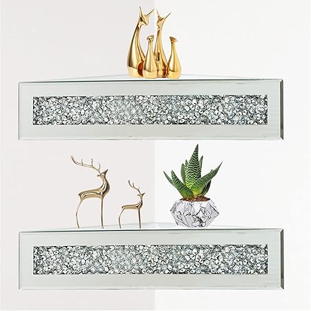 Amazon.com: HMRCYTE Mirror Corner Floating Shelves, Crushed Diamond ...