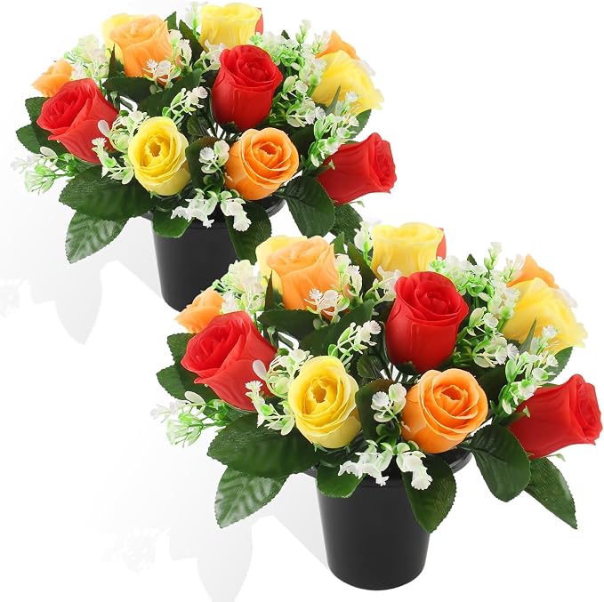 SWoob Set of 2 Grave Flower Pots 23 cm Artificial Flowers for Grave ...