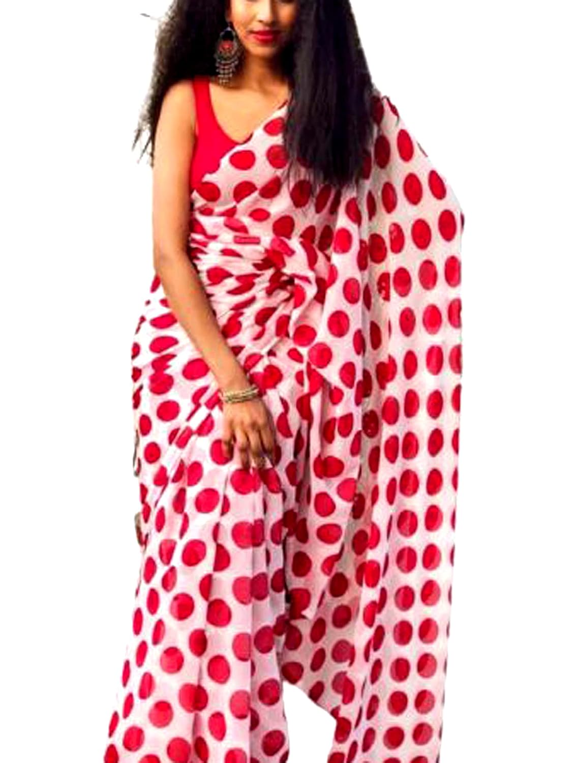 Women's Red Polka Boby Print Georgette Saree : Amazon.in: Fashion